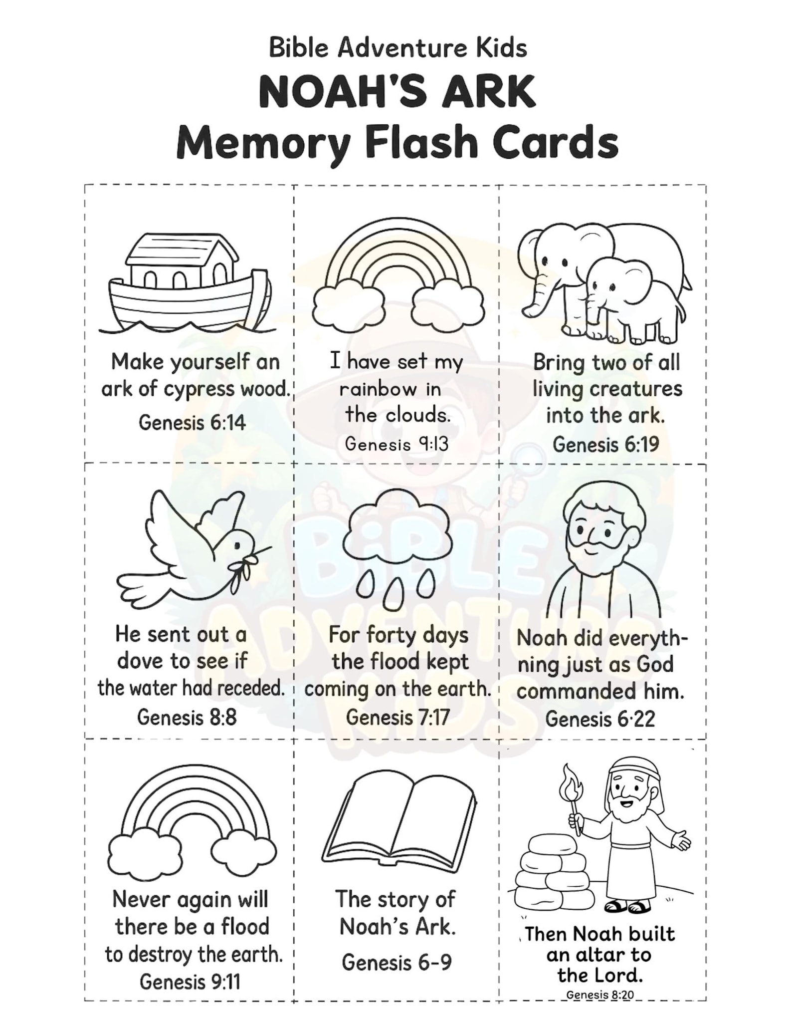 Noah's Ark Flash Cards: Bible Verse Coloring Page (PDF) | Bible Story ...