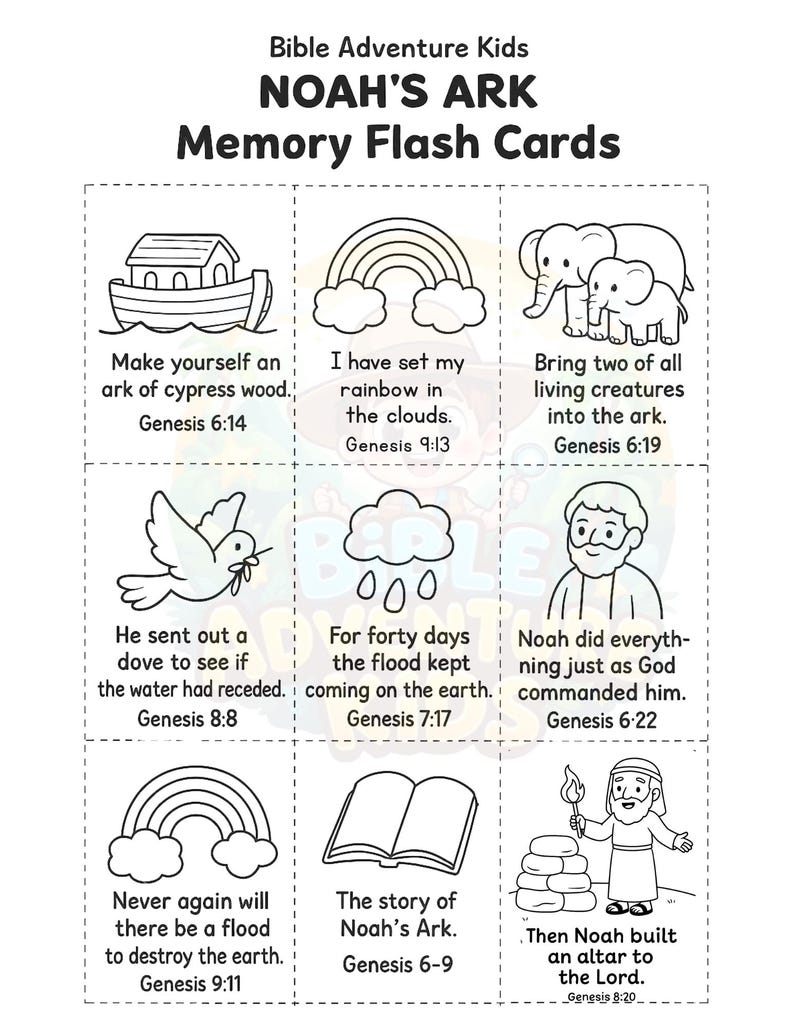 Noah's Ark Flash Cards: Bible Verse Coloring Page (PDF) | Bible Story ...