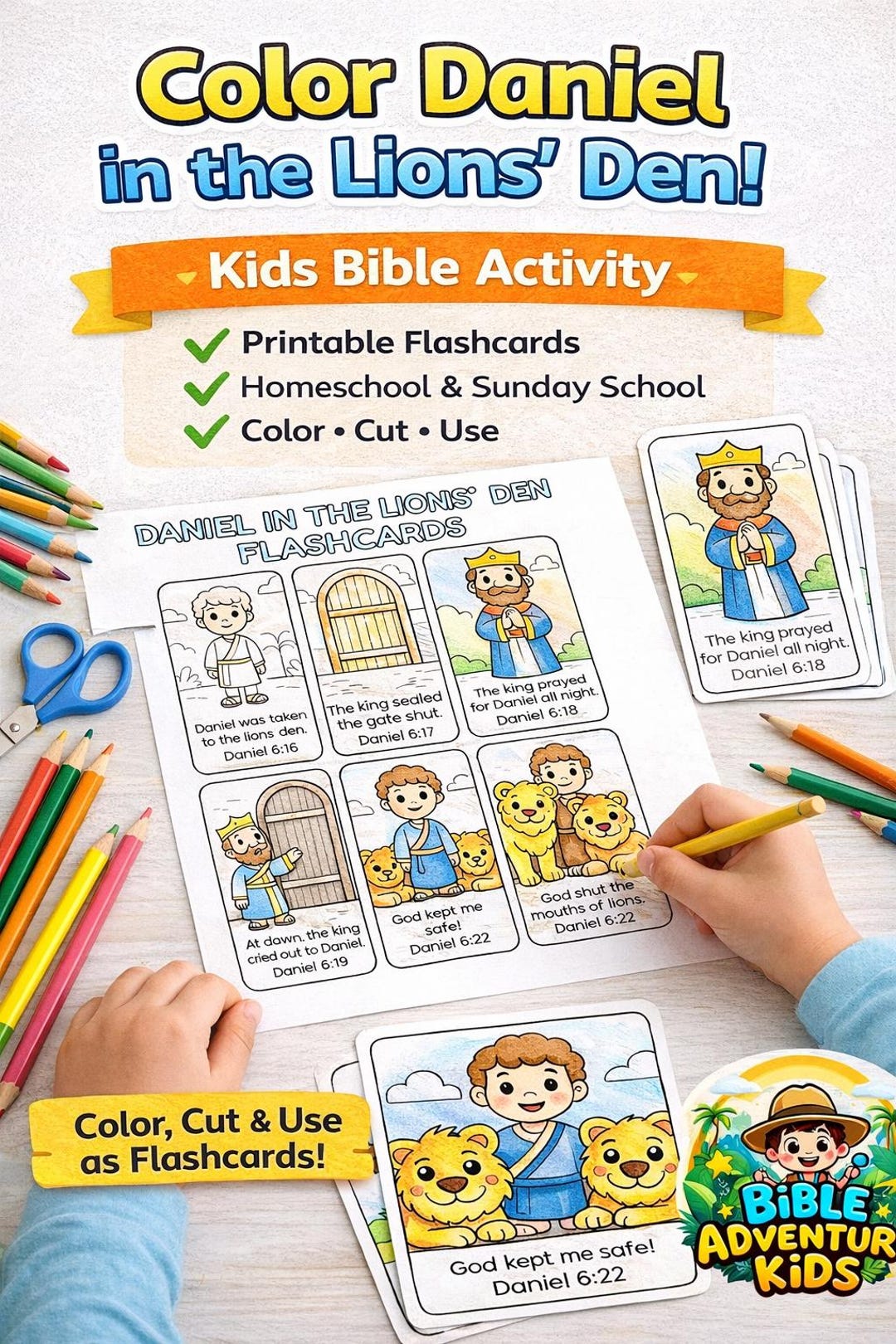 Daniel in the Lions’ Den Flashcards – Bible Story Coloring Page | Kids ...