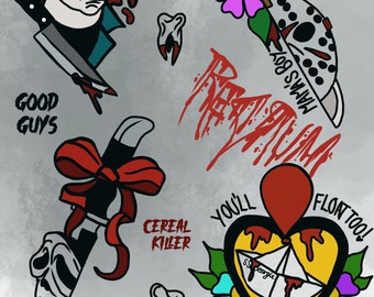 Friday the 13th Tattoo Flash Sheet, Halloween Digital Art Print - Etsy