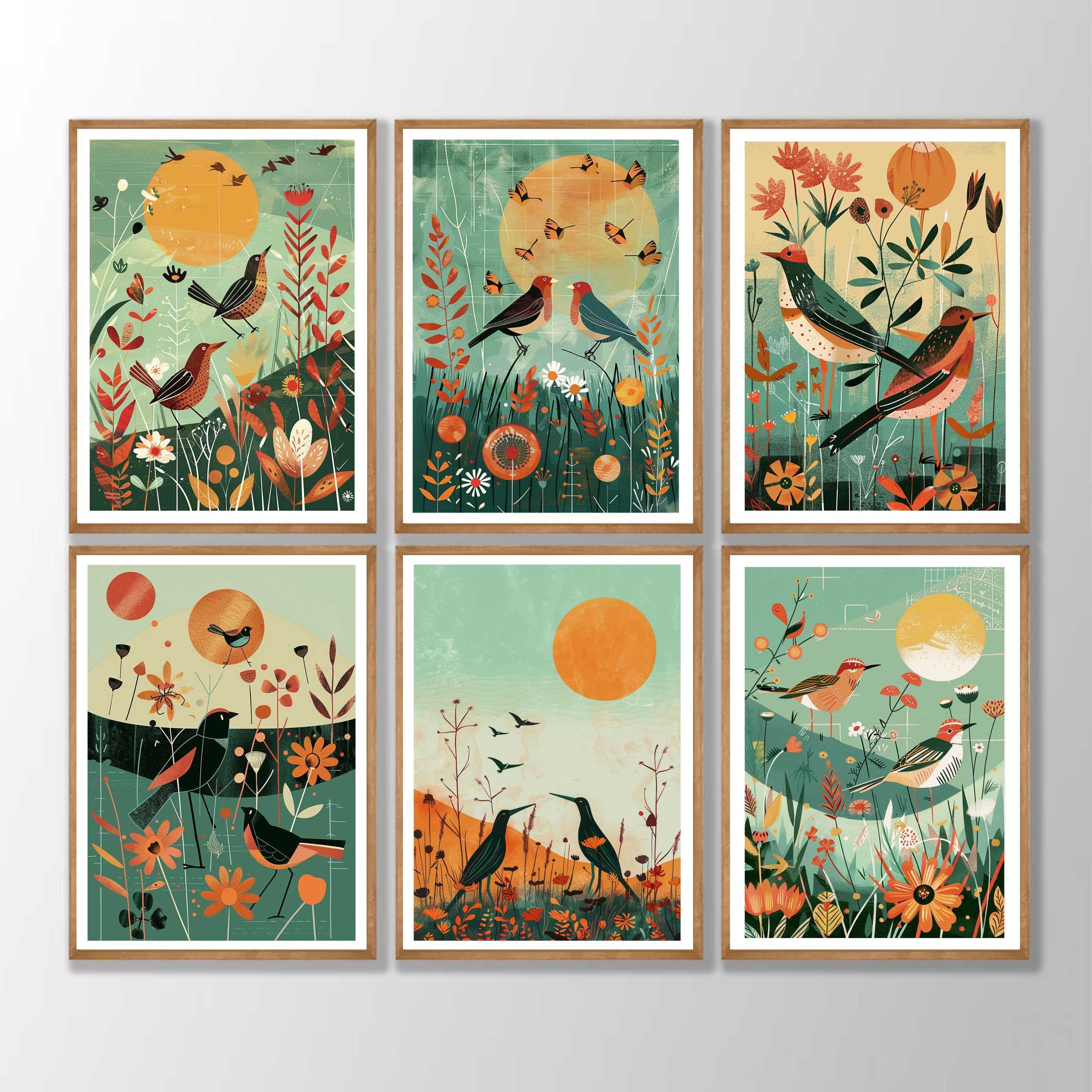 Goldfinch Poster, Set of 6 Birds Poster, Nature Print, Retro Midcentury ...