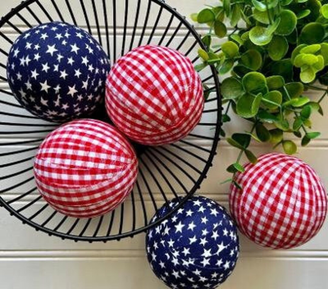 Patriotic Fabric Wrapped Rag Balls, Tier Tray Decor, Red White Blue ...