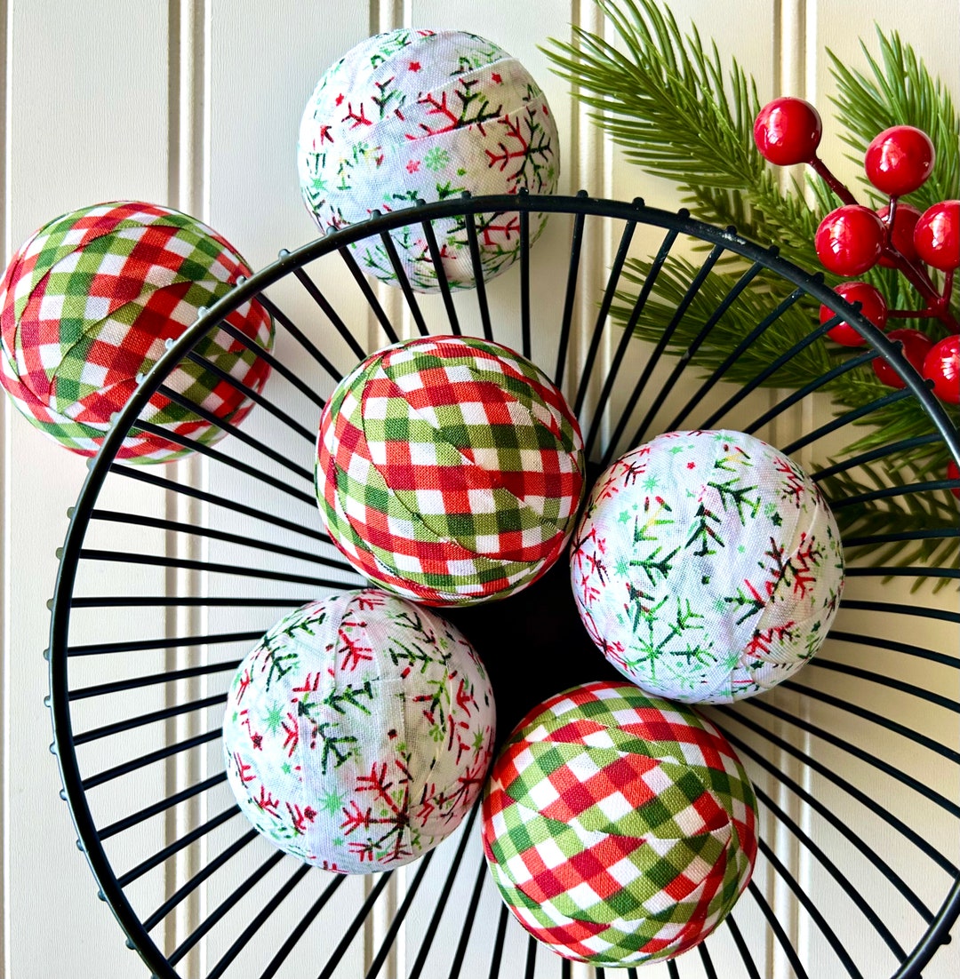 Christmas Fabric Wrapped Balls, Vintage Holiday Tiered Tray Decor ...