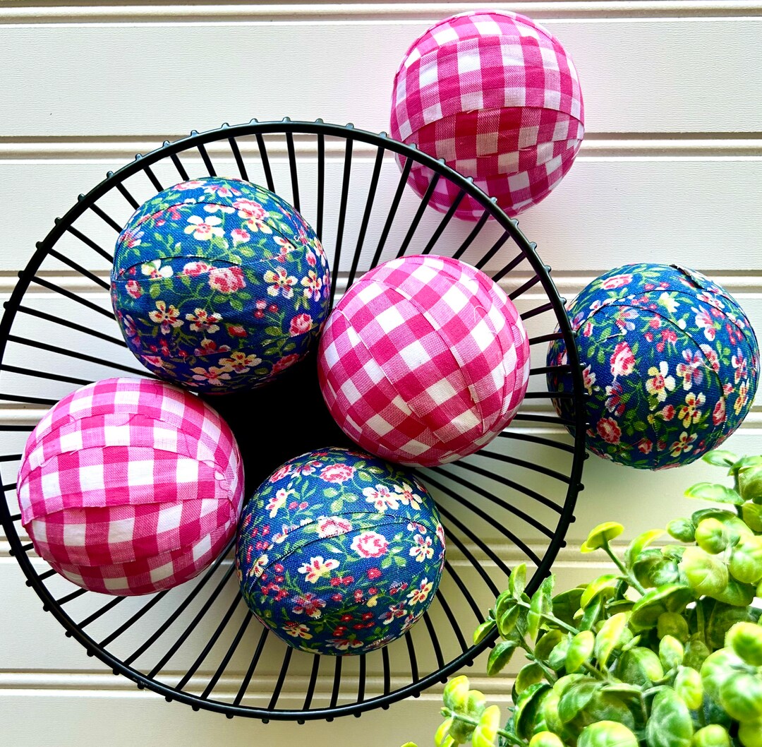 Berry and Blue Floral Fabric Wrapped Rag Balls, Spring Tiered Tray ...