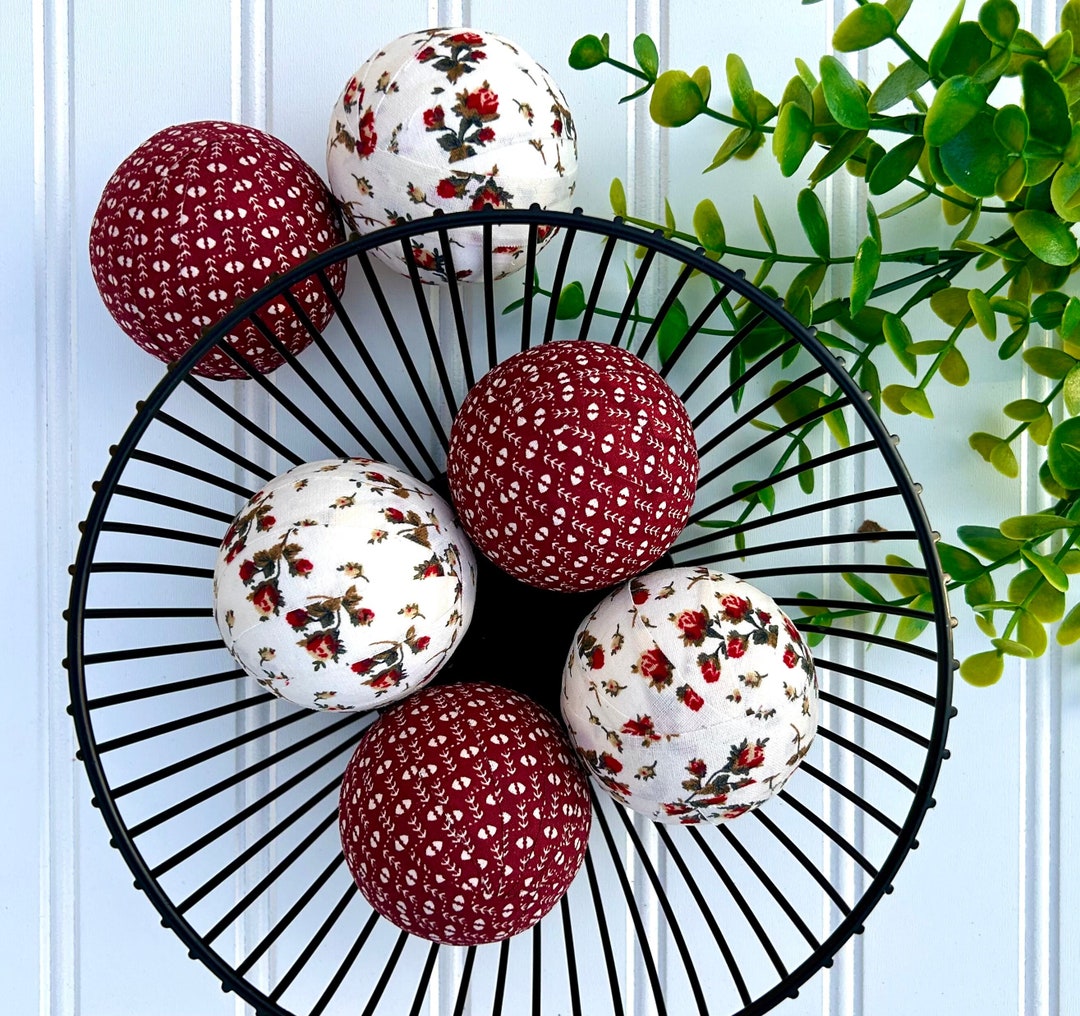 Burgundy and Cream Fabric Wrapped Rag Balls, Floral Tier Tray Decor ...