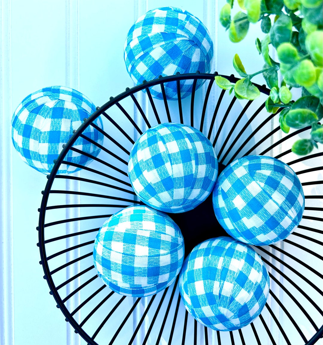 Turquoise Blue Check Fabric Wrapped Rag Balls, Farmhouse Tiered Tray ...