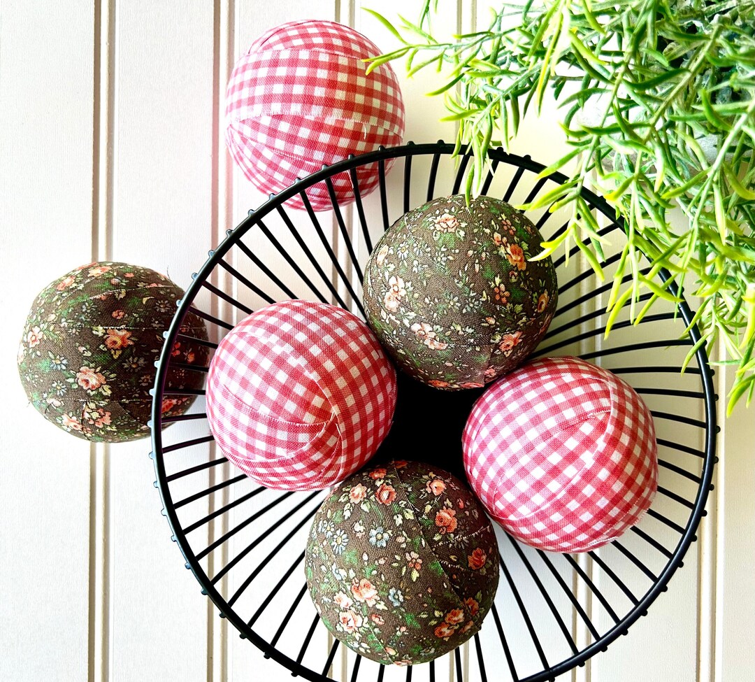 Brown and Coral Floral Fabric Wrapped Rag Balls, Spring Tiered Tray ...