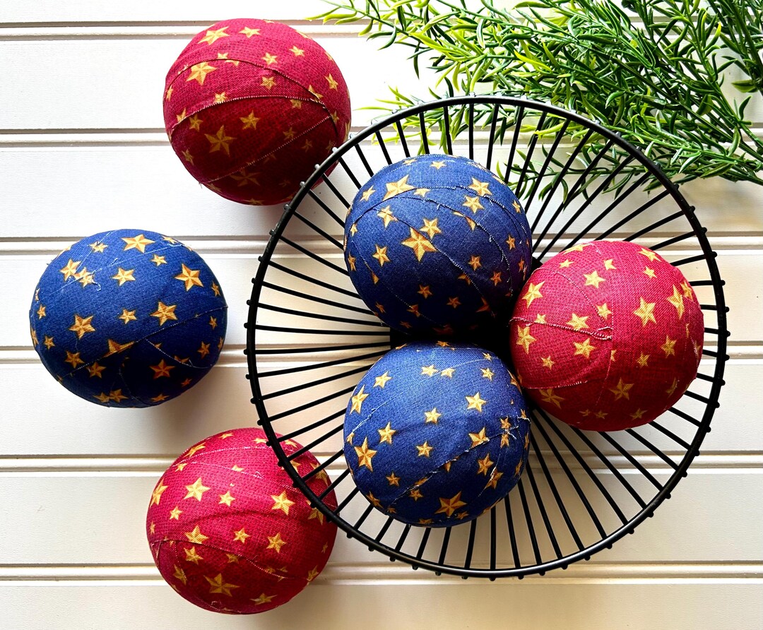 July 4th Faux Rag Balls, Patriotic Tiered Tray Decor, Red Blue Gold ...