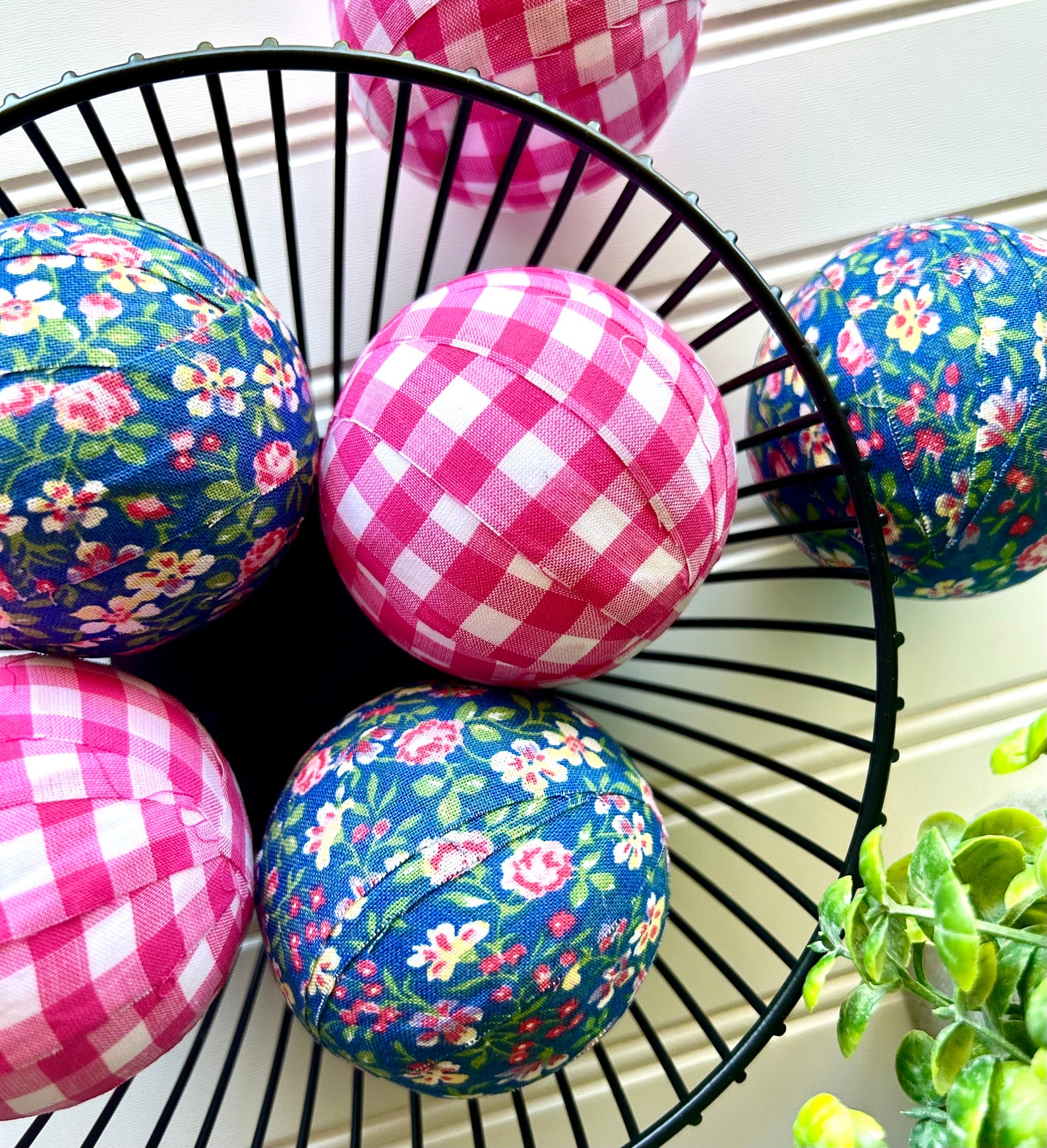 Berry and Blue Floral Fabric Wrapped Rag Balls, Spring Tiered Tray ...