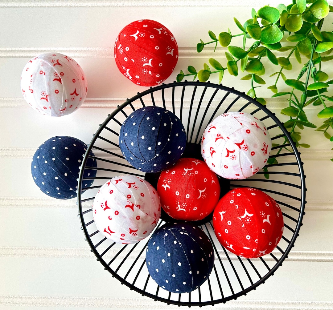 Summer Patriotic Fabric Wrapped Rag Balls Tiered Tray Decor, Red White ...
