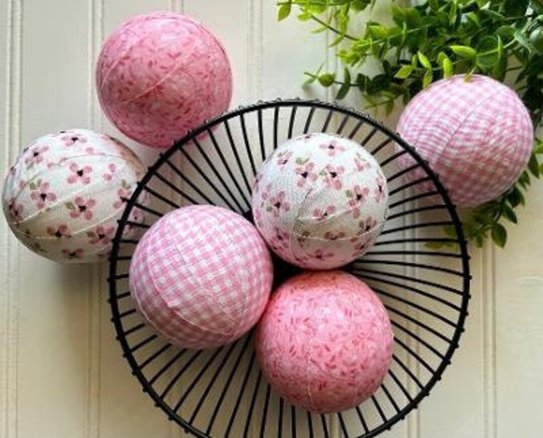 Pink Floral Fabric Wrapped Rag Balls, Cottage Style Home Decor, Tiered ...