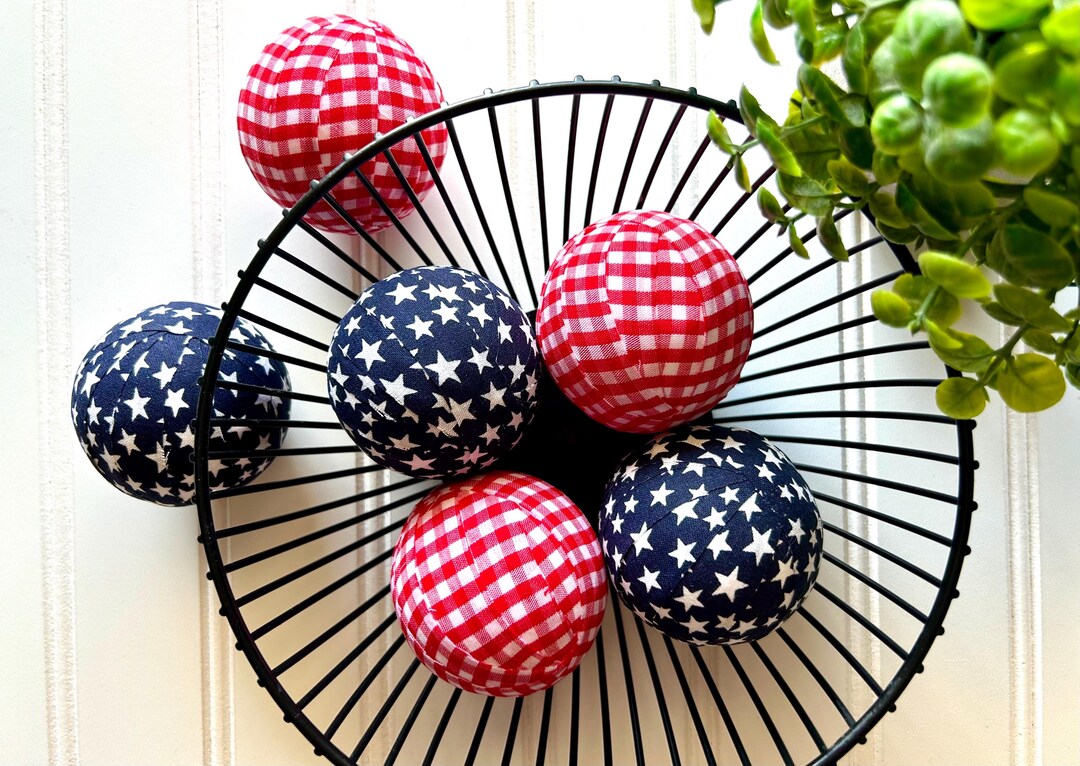 Patriotic Fabric Wrapped Rag Balls, Tier Tray Decor, Red White Blue ...