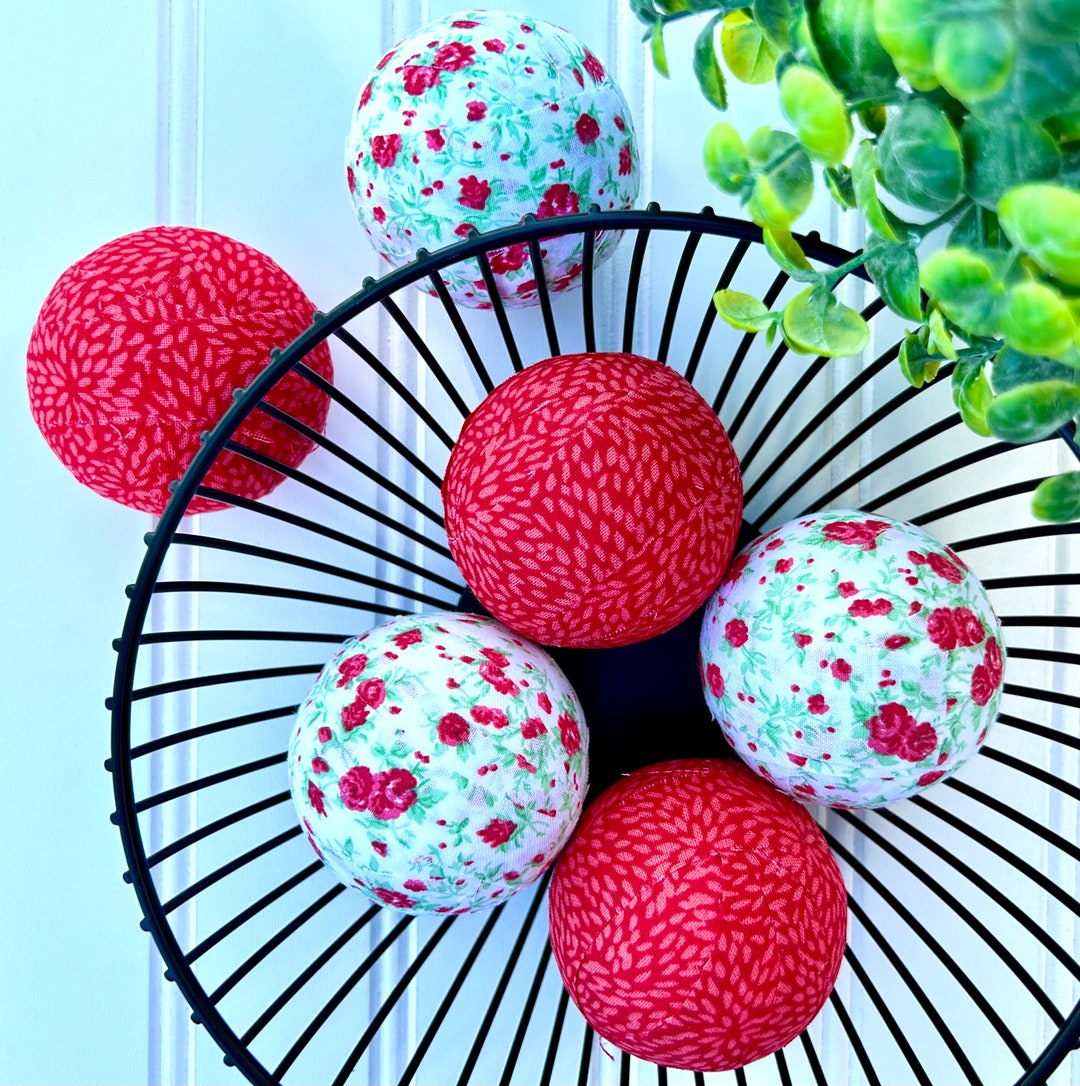 Red Floral Fabric Wrapped Rag Balls, Farmhouse Spring Tiered Tray Decor ...