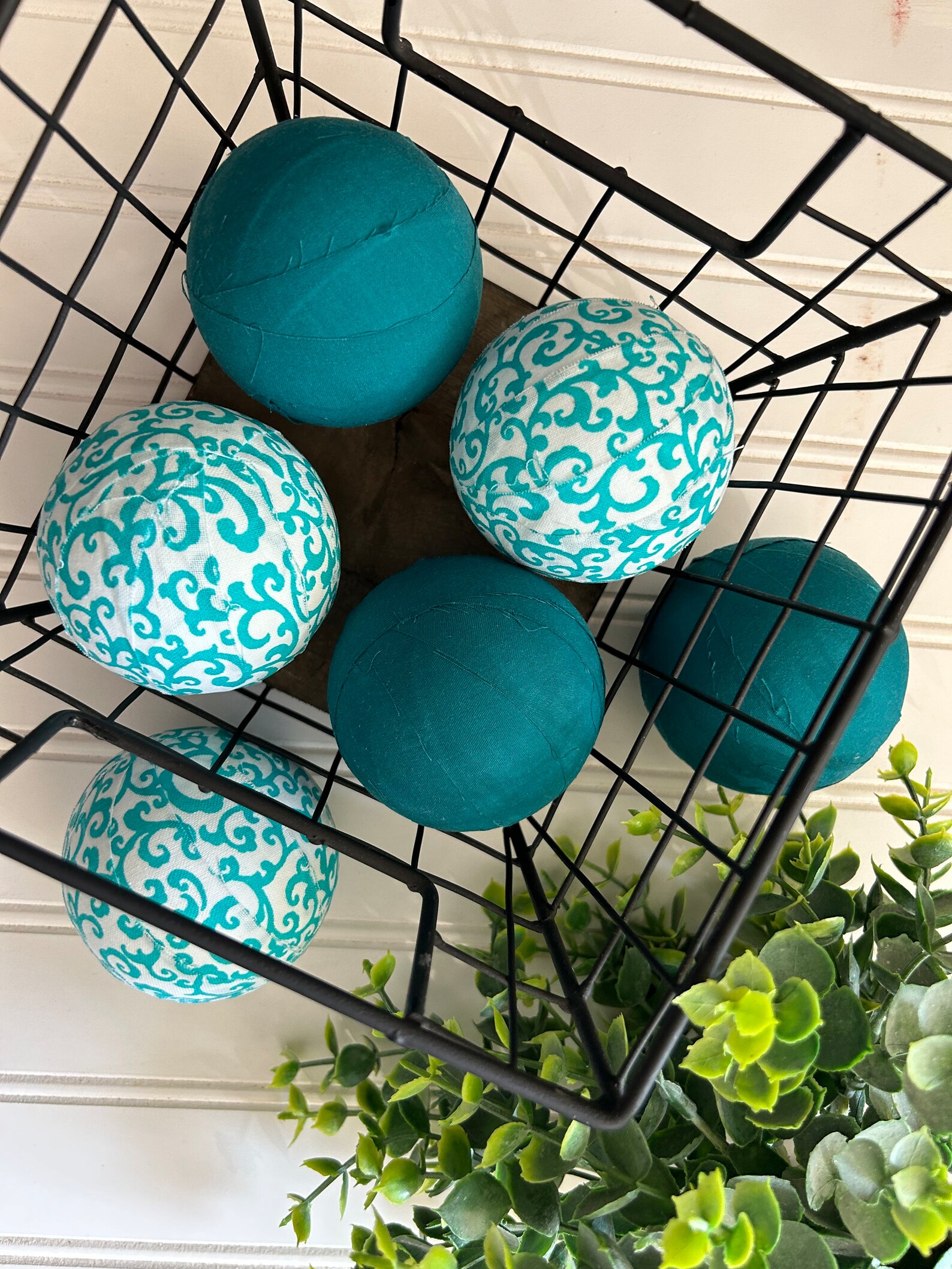 Teal Fabric Wrapped Rag Balls, Farmhouse Basket Filler, Dough Bowl ...