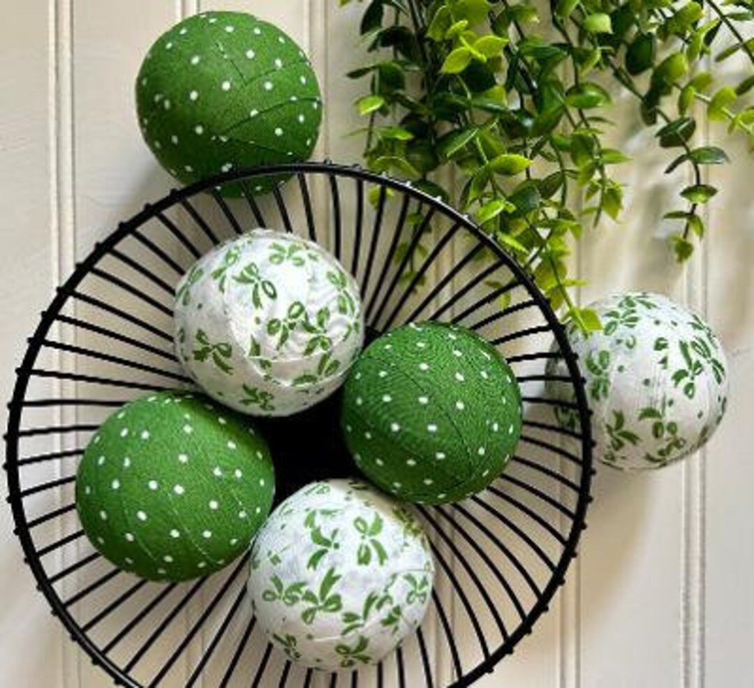 Green Fabric Wrapped Rag Balls, Farmhouse Tiered Tray Decor, Dough Bowl ...