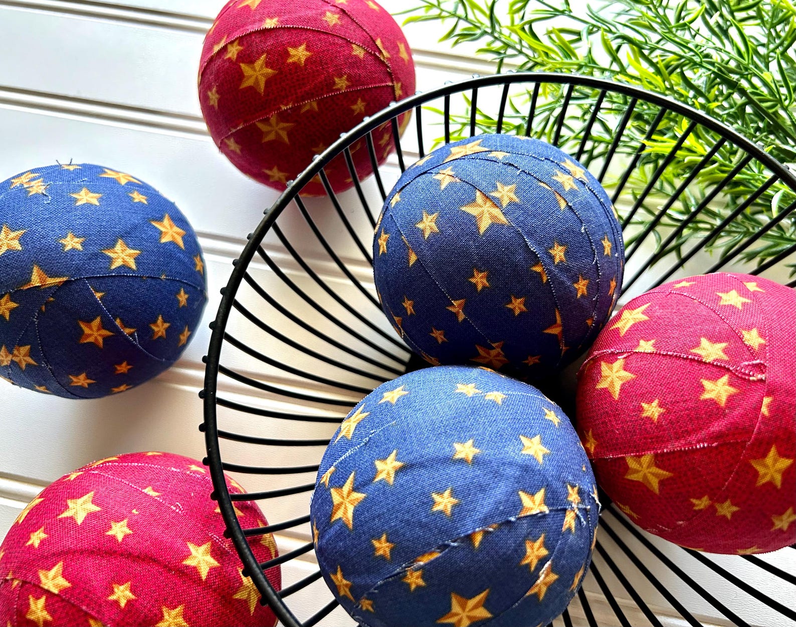 July 4th Faux Rag Balls, Patriotic Tiered Tray Decor, Red Blue Gold ...
