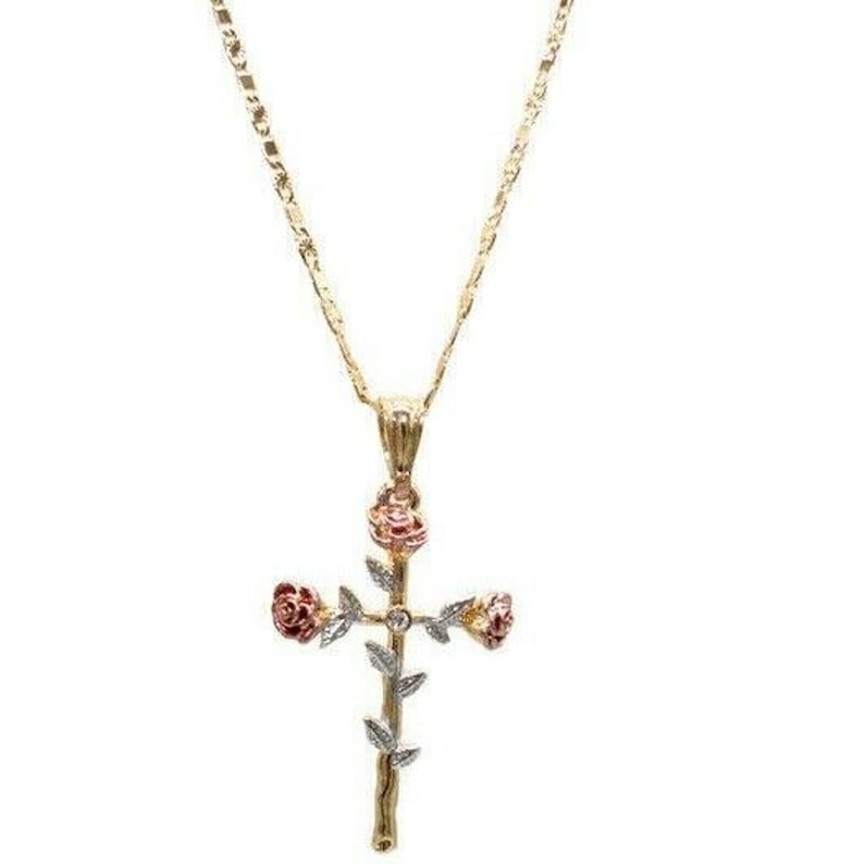 Rose Cross Pendant With Necklace 24K Gold Filled NEW Roses - Etsy