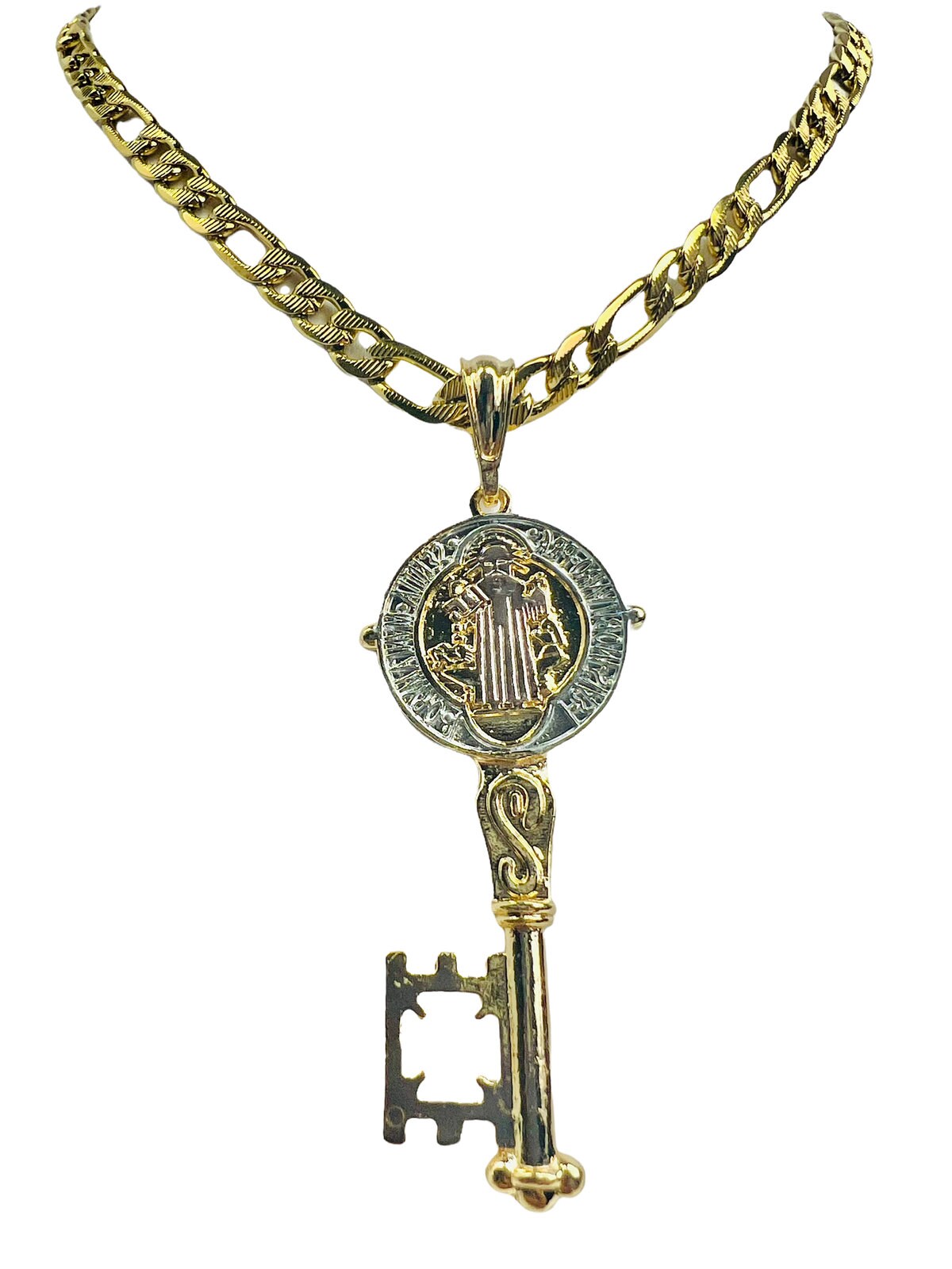 St Benedict Key Pendant With Figaro Necklace Gold Filled Saint Charm ...