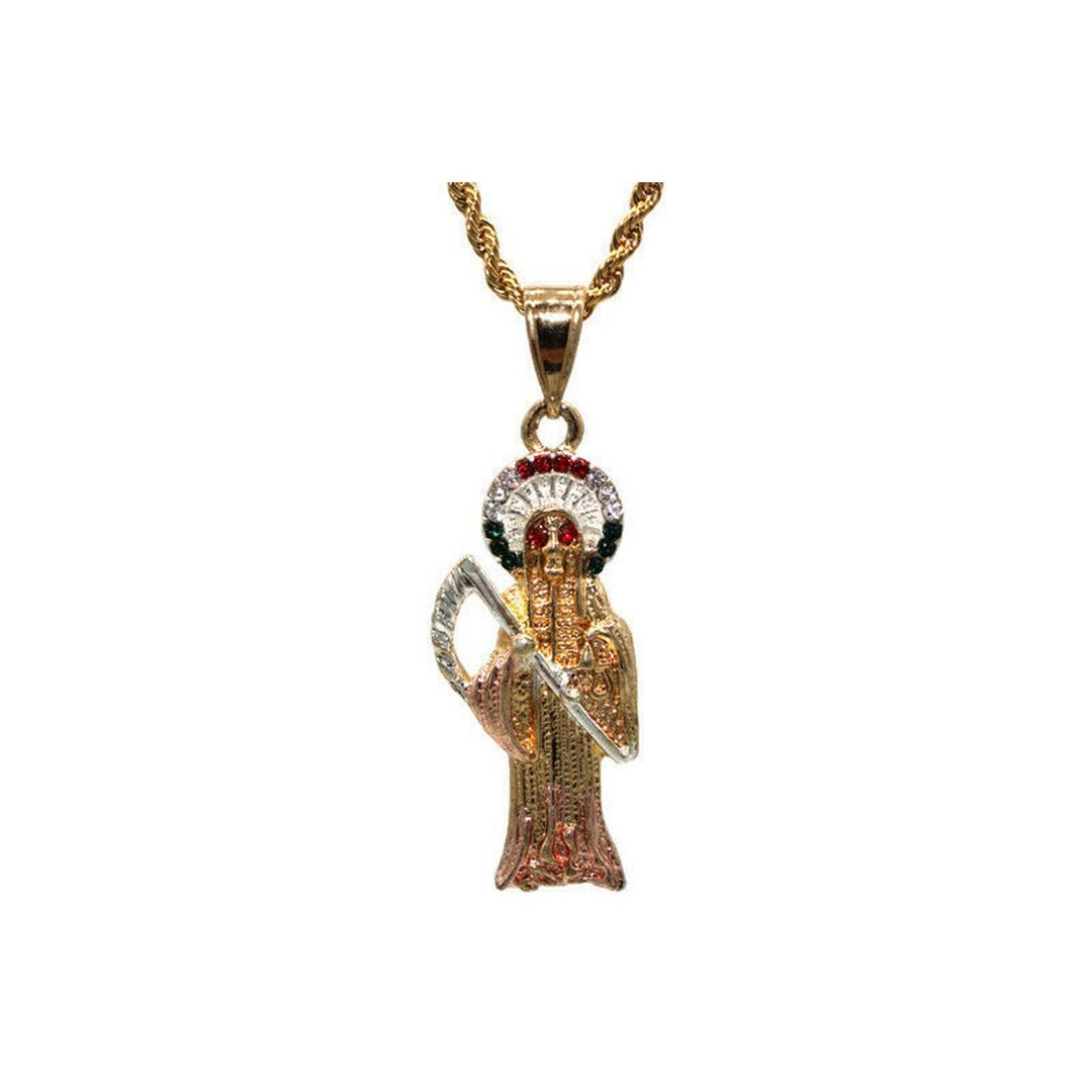 Santa Muerte Pendant With Necklace 24k Gold Filled Chain Three Tone NEW ...