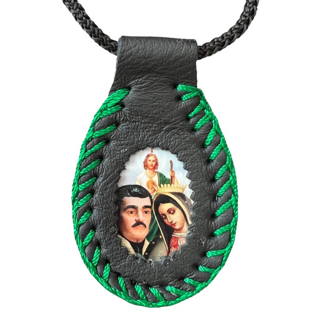 Guadalupe St Jude Malverde Scapular Necklace Leather Handmade Black Green Rope Etsy