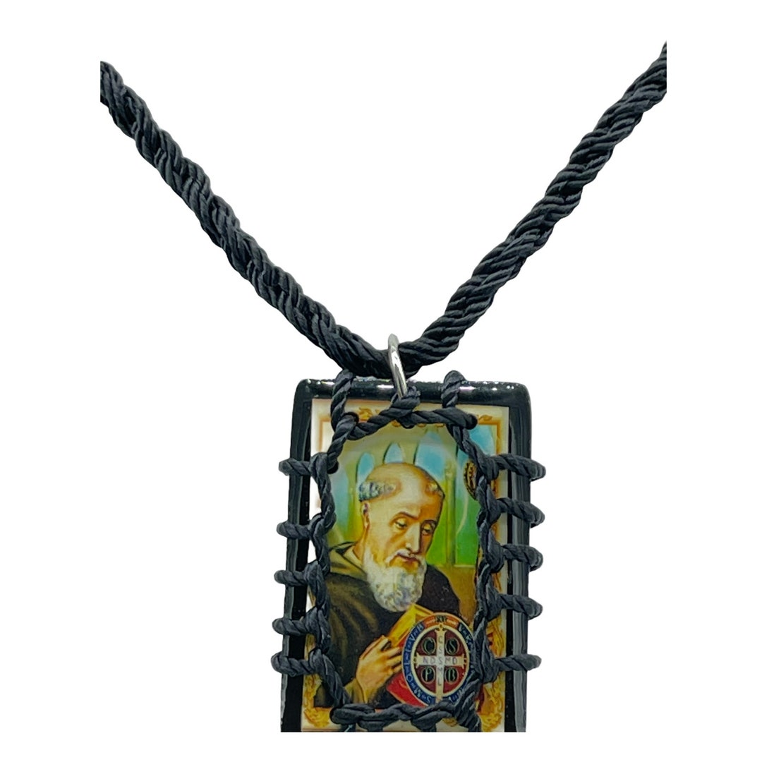 St Benedict Scapular Necklace Black Knotted Rope Wood Pendant Handmade ...