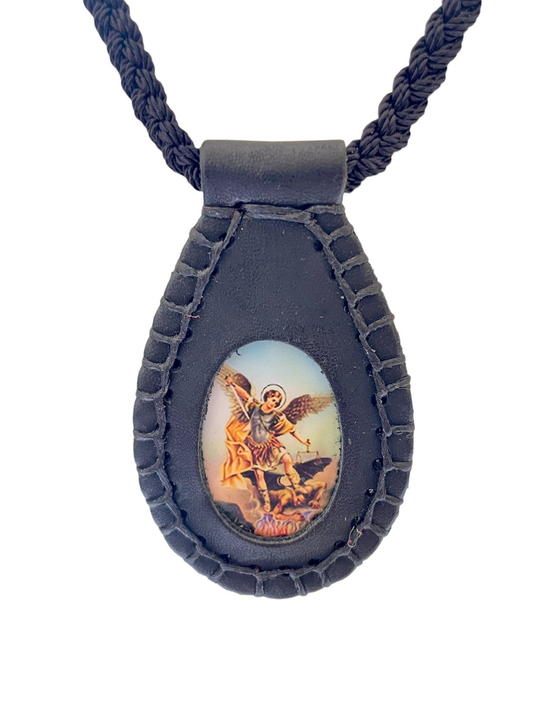St Michael Leather Scapular Necklace Saint Black Knotted Rope Handmade ...