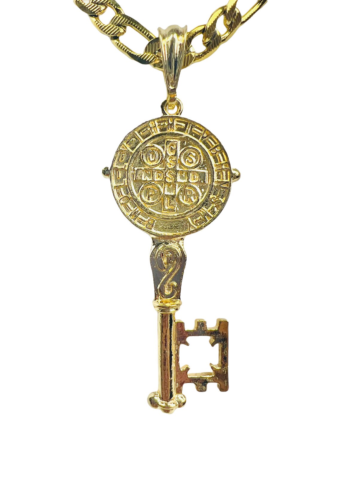St Benedict Key Pendant With Figaro Necklace Gold Filled Saint Charm ...