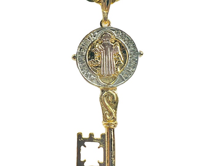St Benedict Key Pendant With Figaro Necklace Gold Filled Saint Charm ...