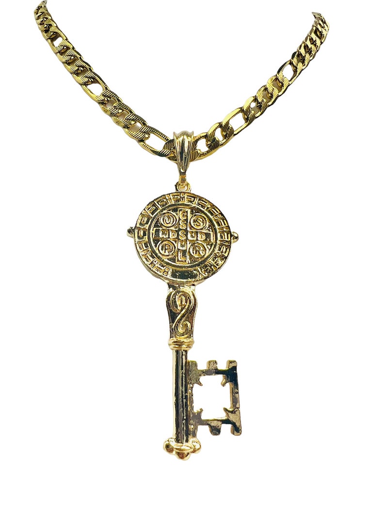 St Benedict Key Pendant With Figaro Necklace Gold Filled Saint Charm ...