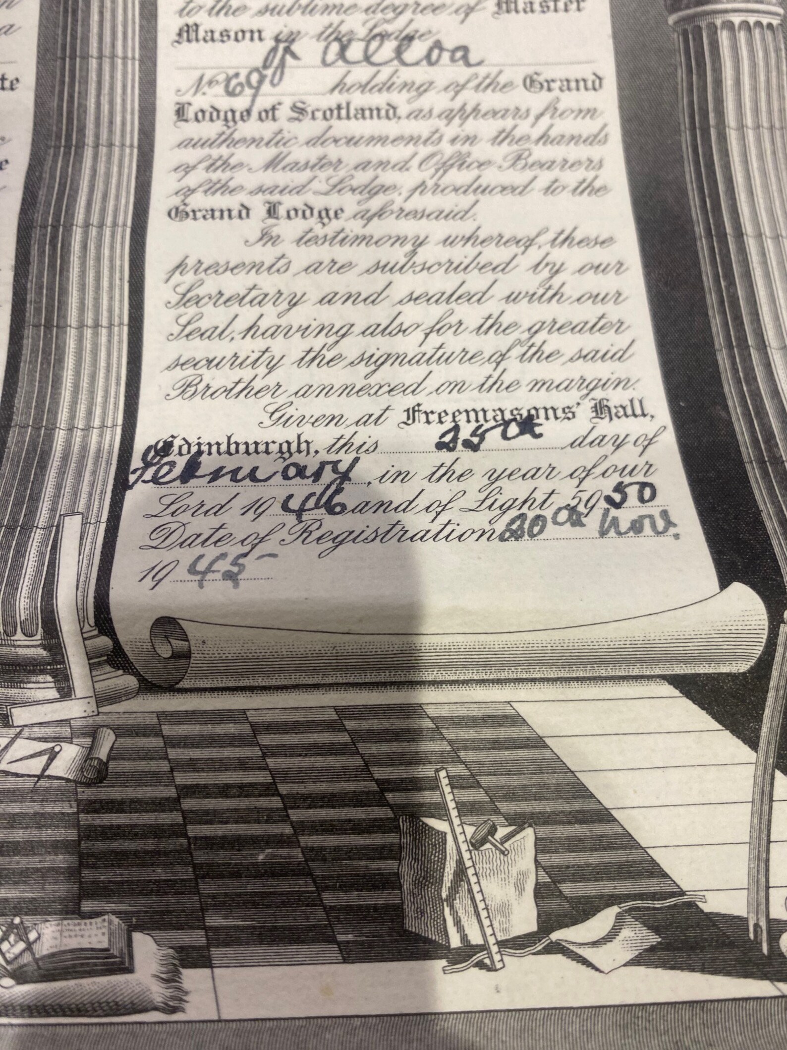 Masonic Certificate Master Mason Degree GRAND LODGE Ancient Free and ...