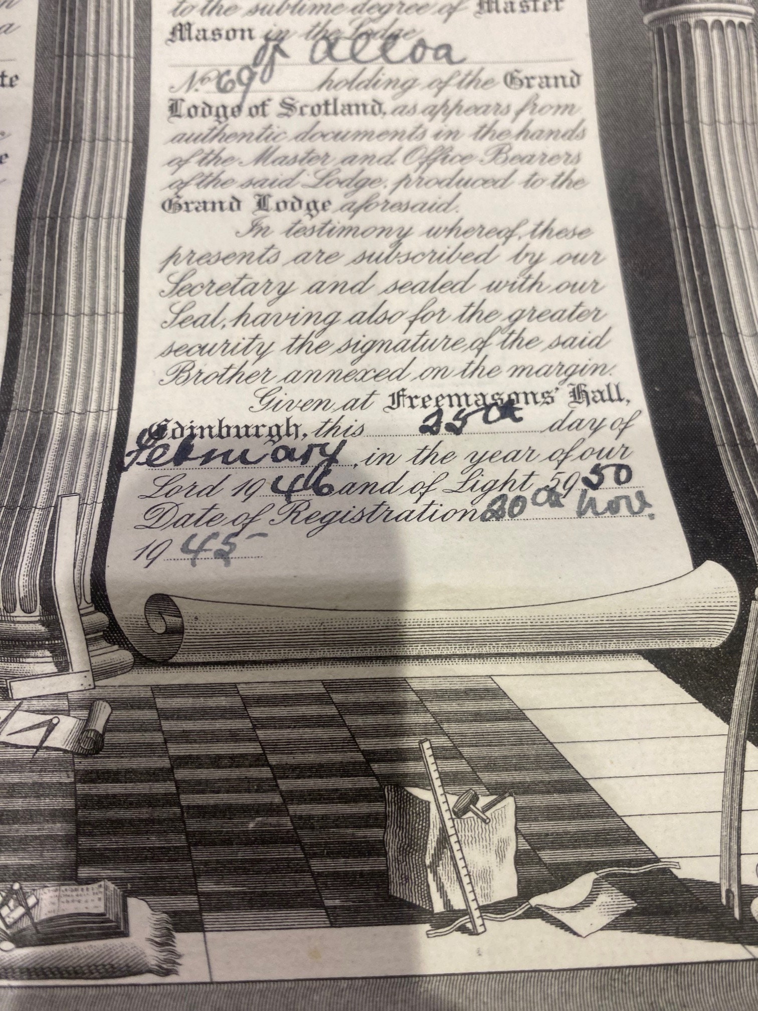 Masonic Certificate Master Mason Degree GRAND LODGE Ancient Free and ...