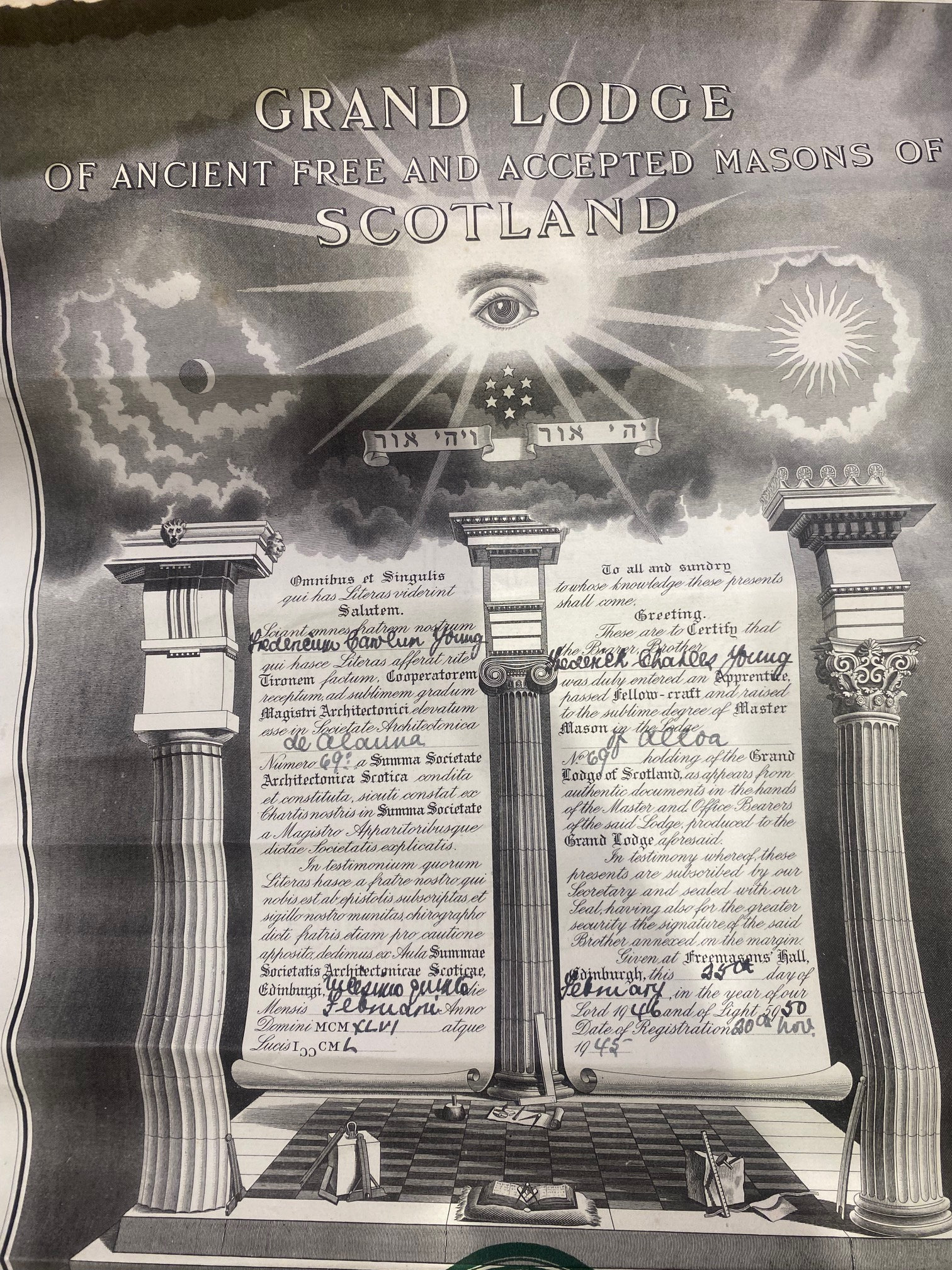 Masonic Certificate Master Mason Degree GRAND LODGE Ancient Free and ...