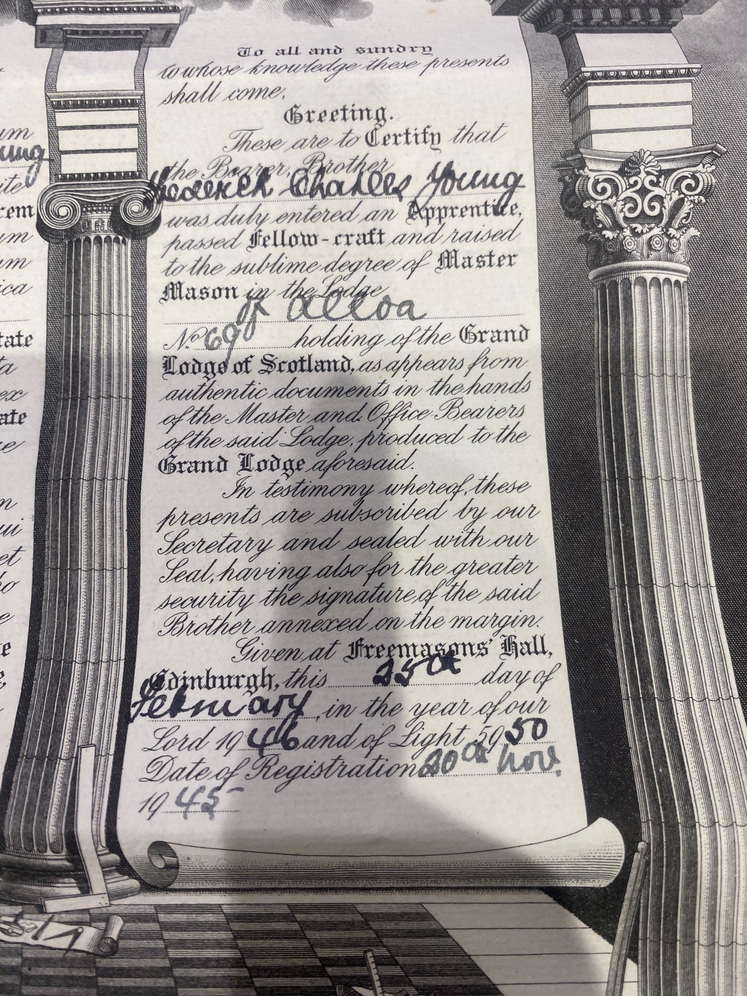 Masonic Certificate Master Mason Degree GRAND LODGE Ancient Free and ...