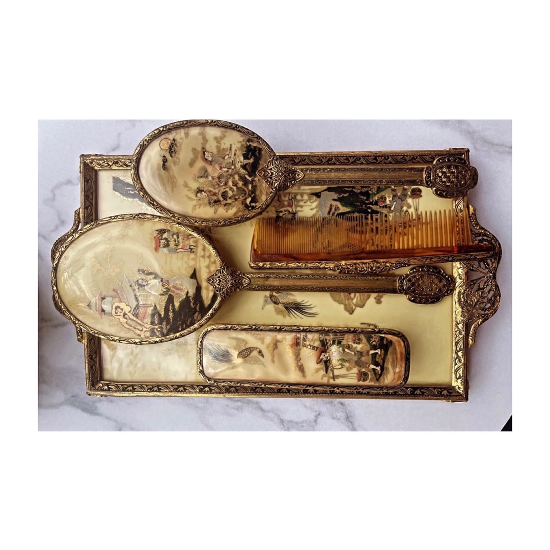 Vintage Japanese 4pc Dressing Table Vanity Set , Oriental Fligree Tray ...