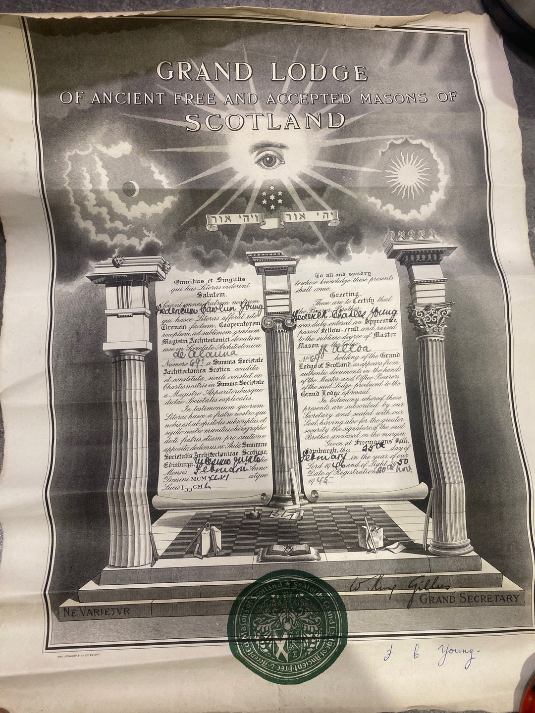 Masonic Certificate Master Mason Degree GRAND LODGE Ancient Free and ...