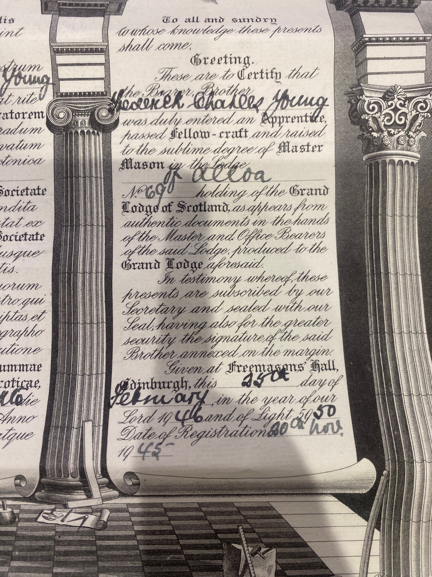 Masonic Certificate Master Mason Degree GRAND LODGE Ancient Free and ...