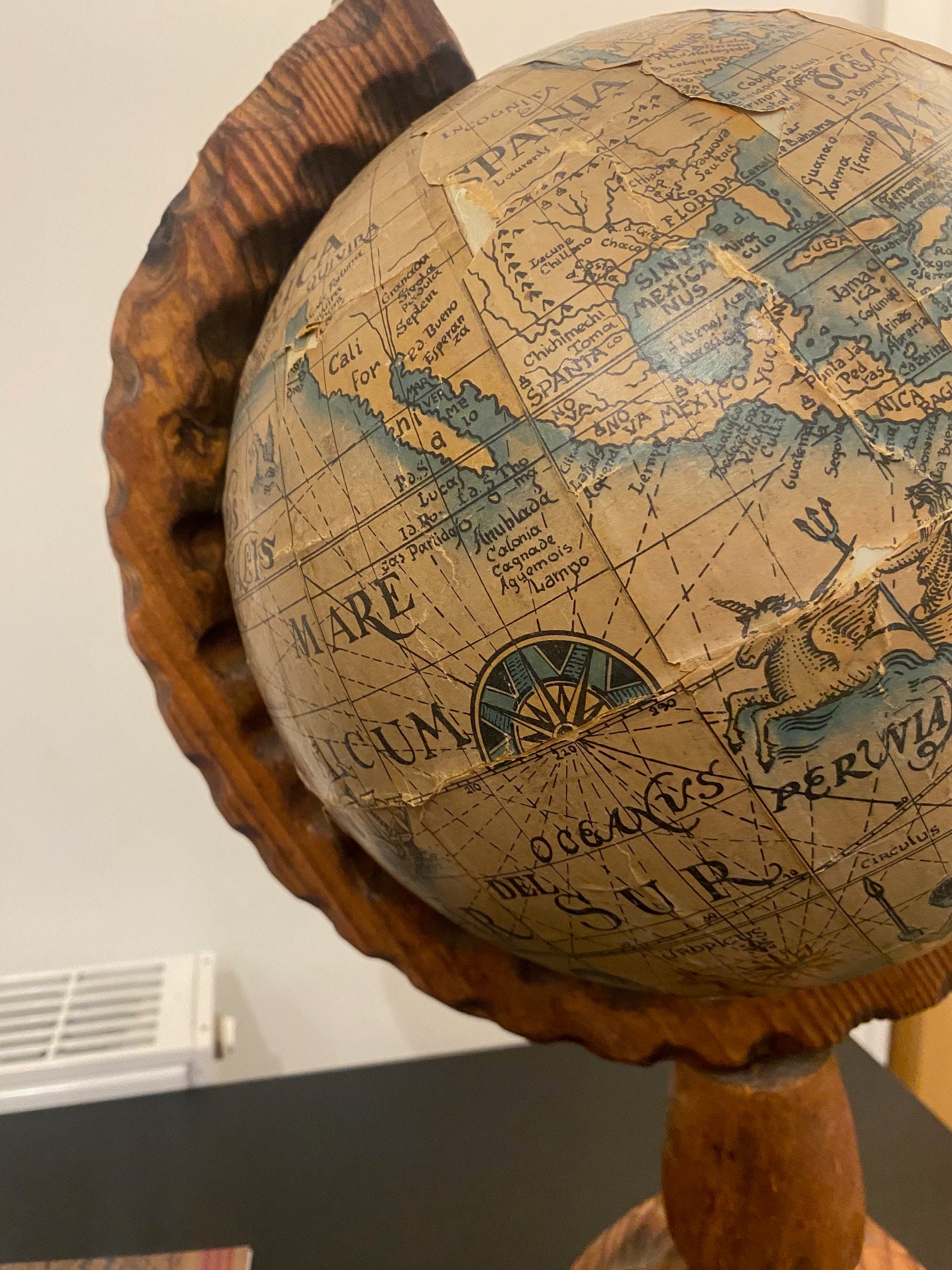 Vintage Large Old World Globe in Spanish or Italian on A Wooden Stand ...