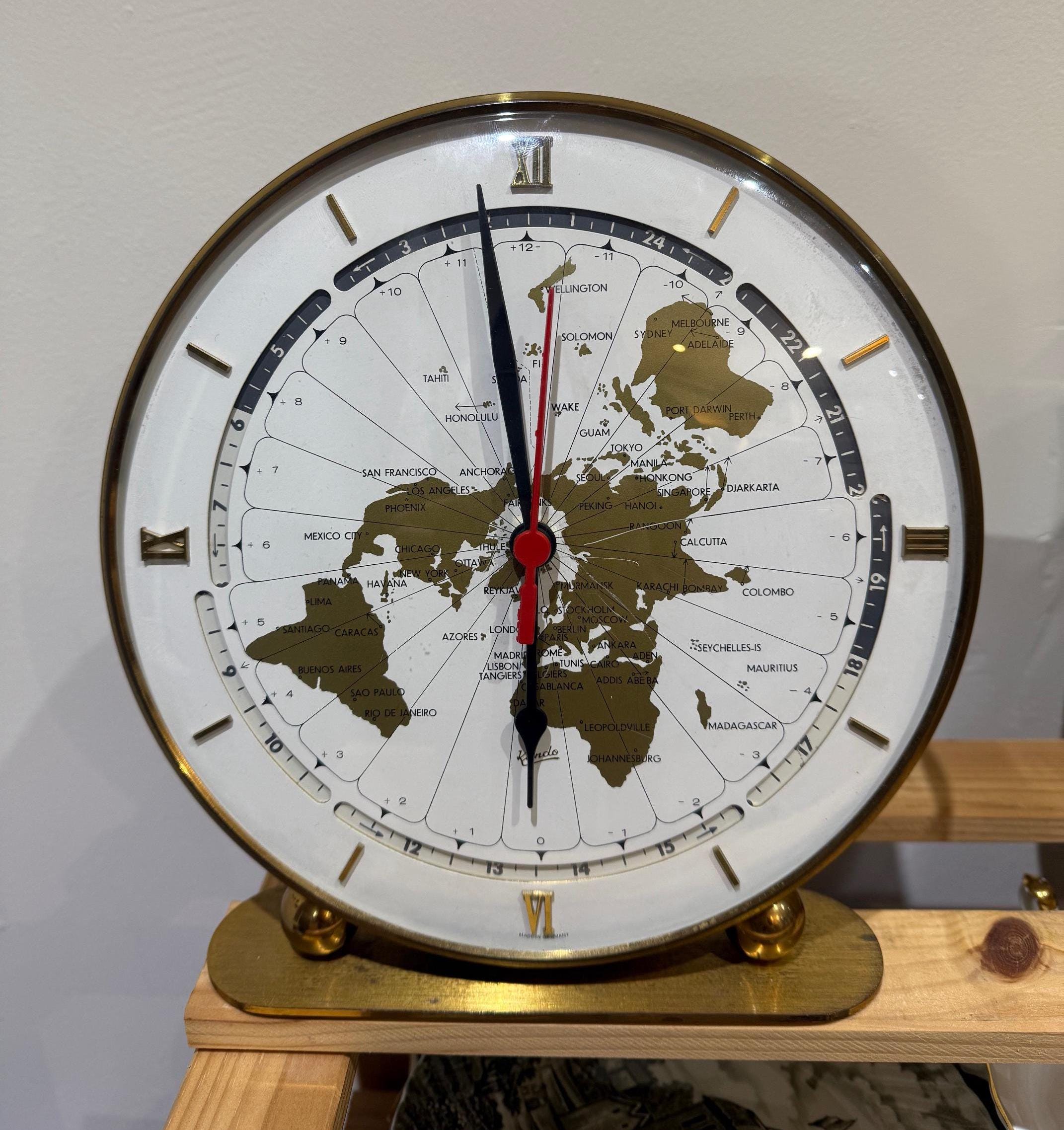 Mid Century Modernist Table World Clock Brass Kundo Quartz by Kieninger & Obergfell West German ...