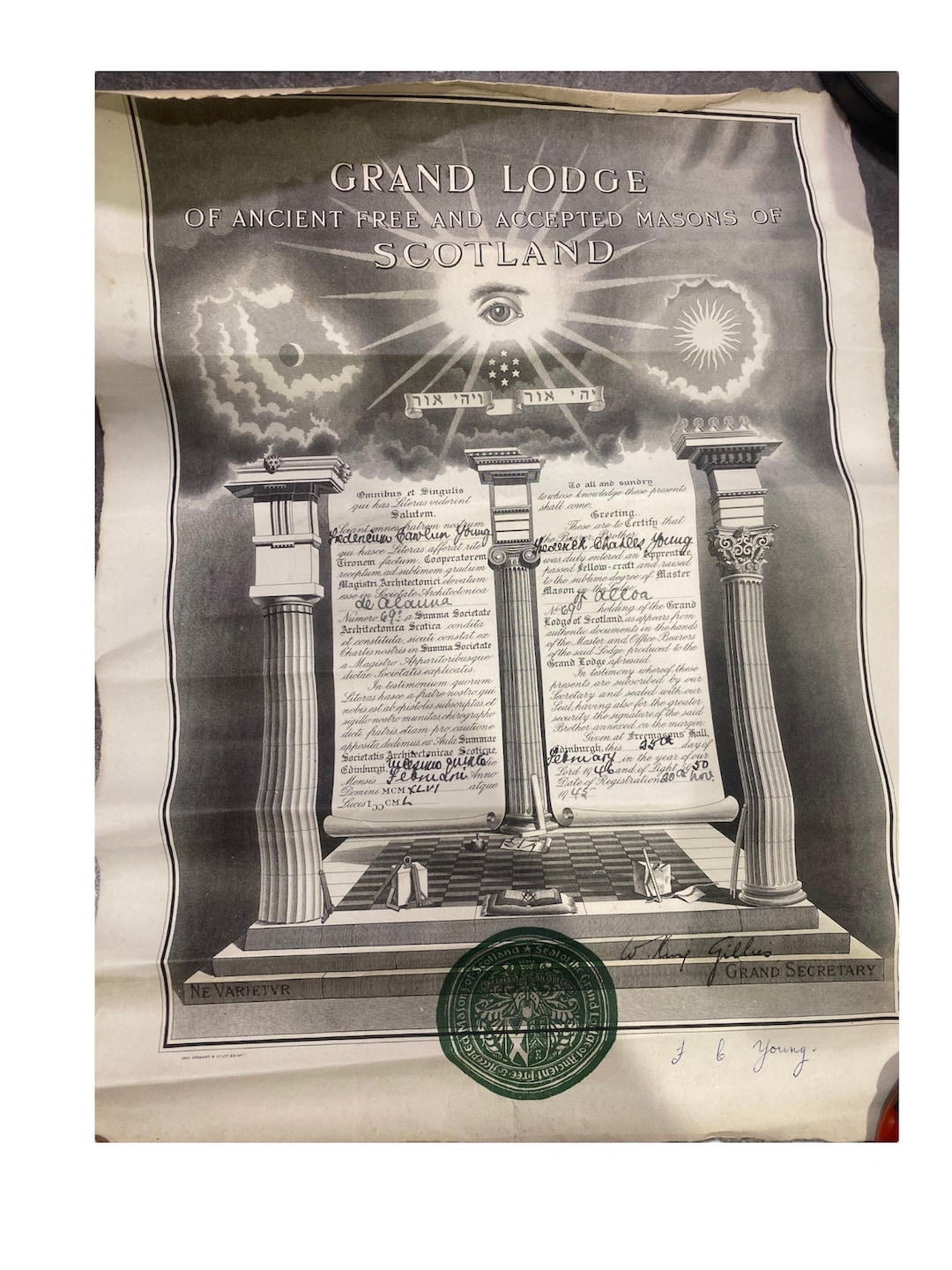 Masonic Certificate Master Mason Degree GRAND LODGE Ancient Free and ...