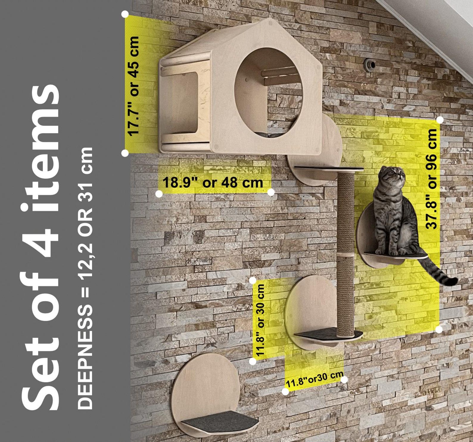 SET of 4 ITEMS for Cats, Wood Cat House, Cat Climbing Wall Shelf, Cat ...