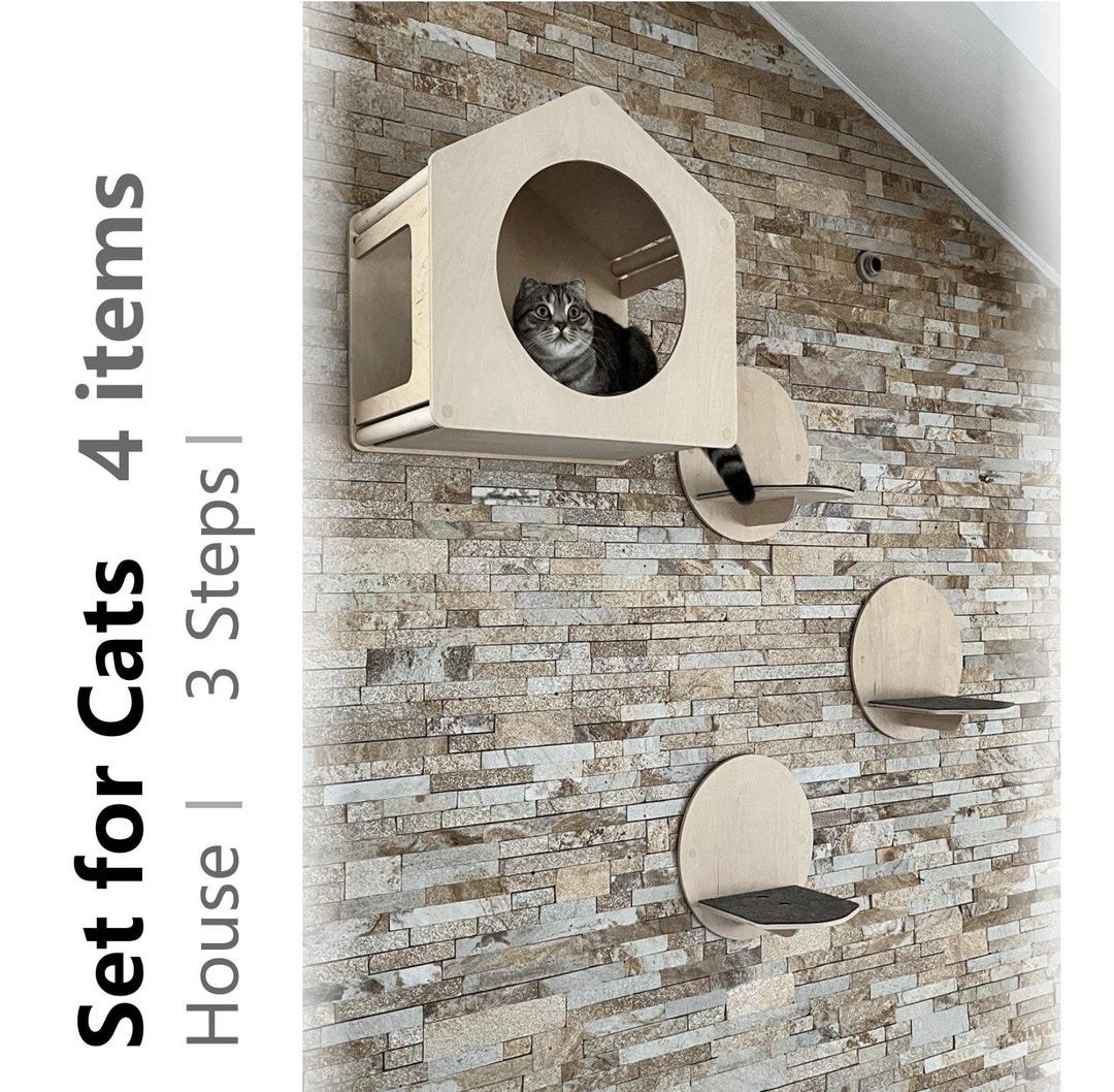Wood Cat Wall Furniture Set, Wall Cat Playground Set, Modern Cat ...