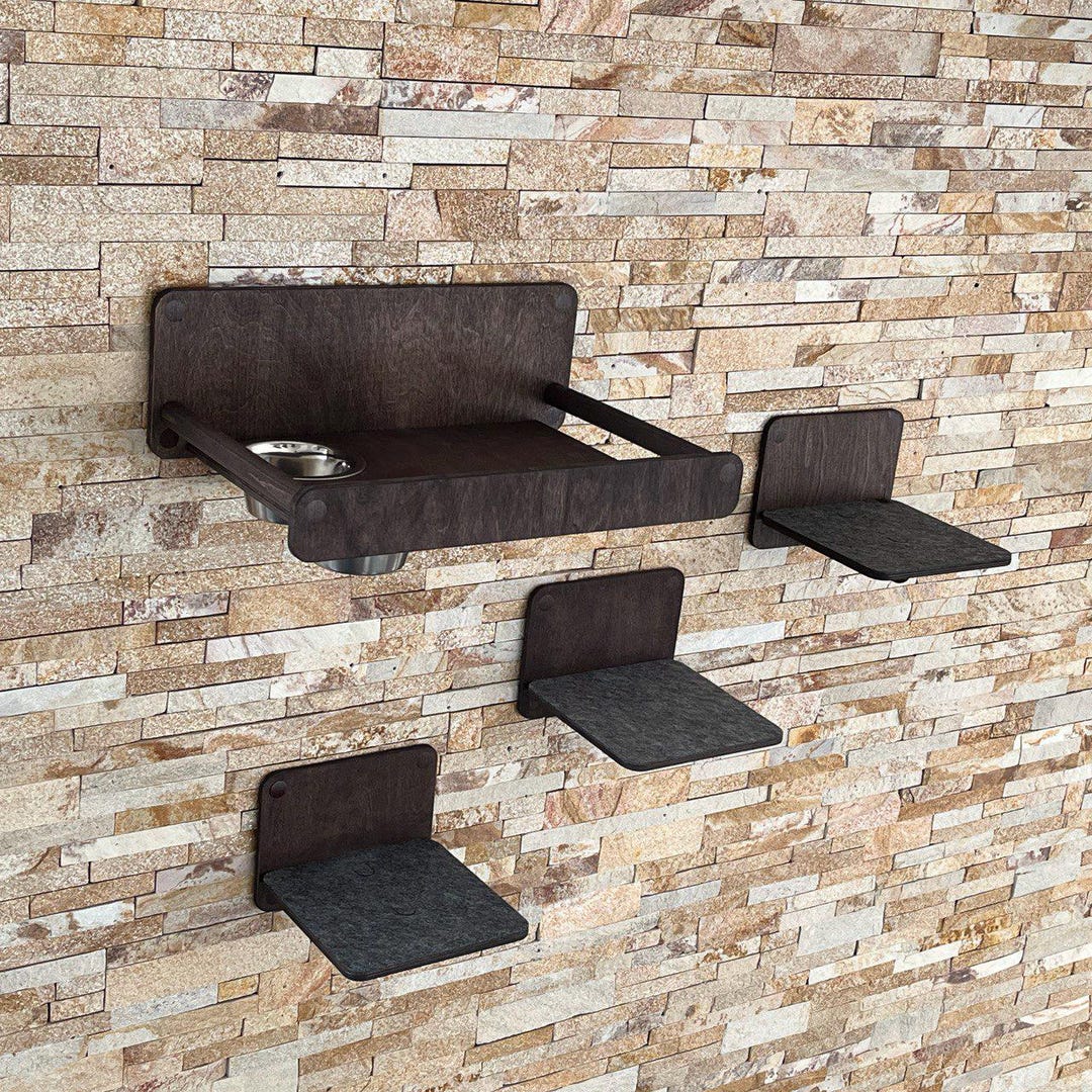 Set of 4 Items for Cats, Cat Feeder for Wall, Cat Steps, Cat Shelf With ...