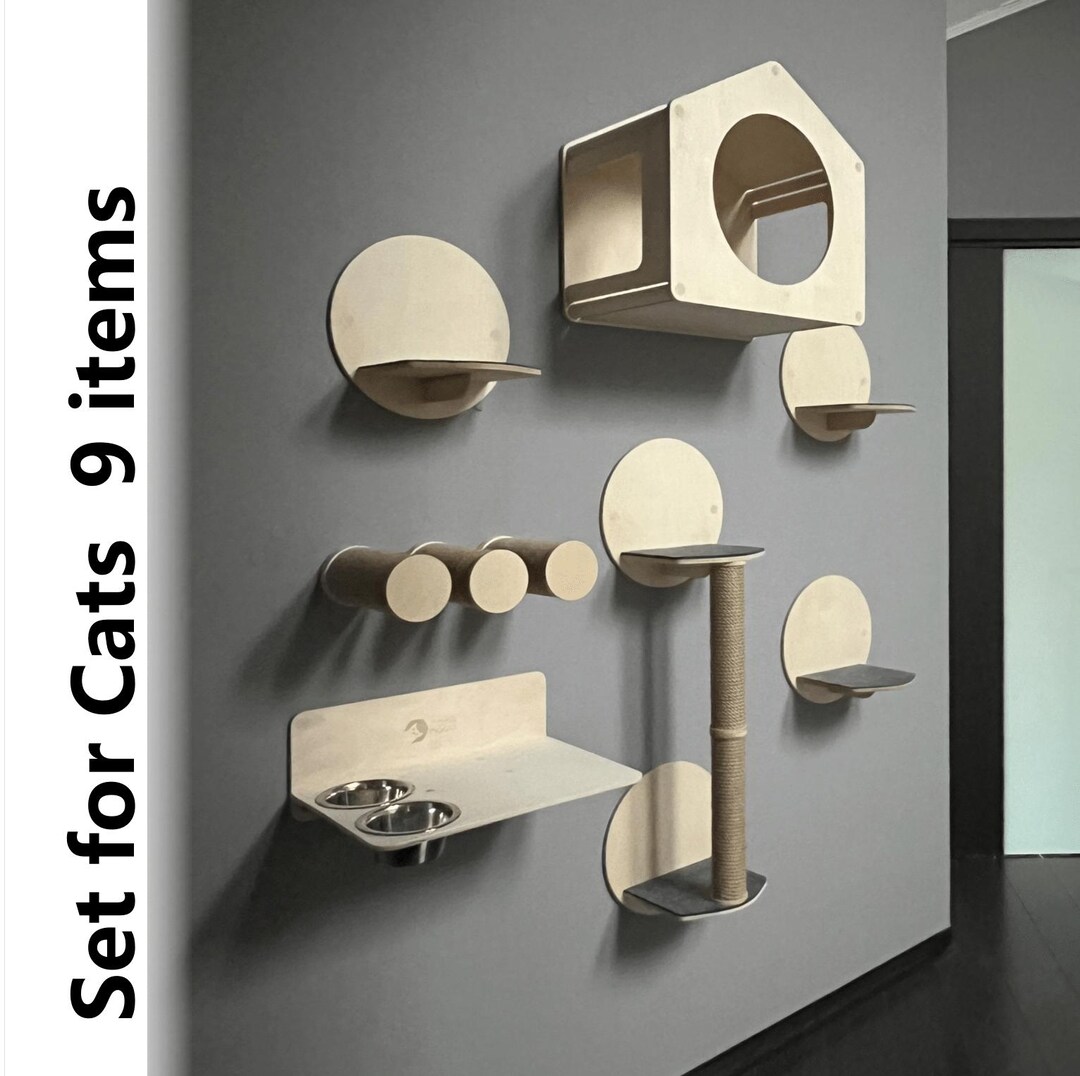 SET of 9 ITEMS for Cat, Cat House, Modern Cat Wall Furniture, Cat Shelf ...