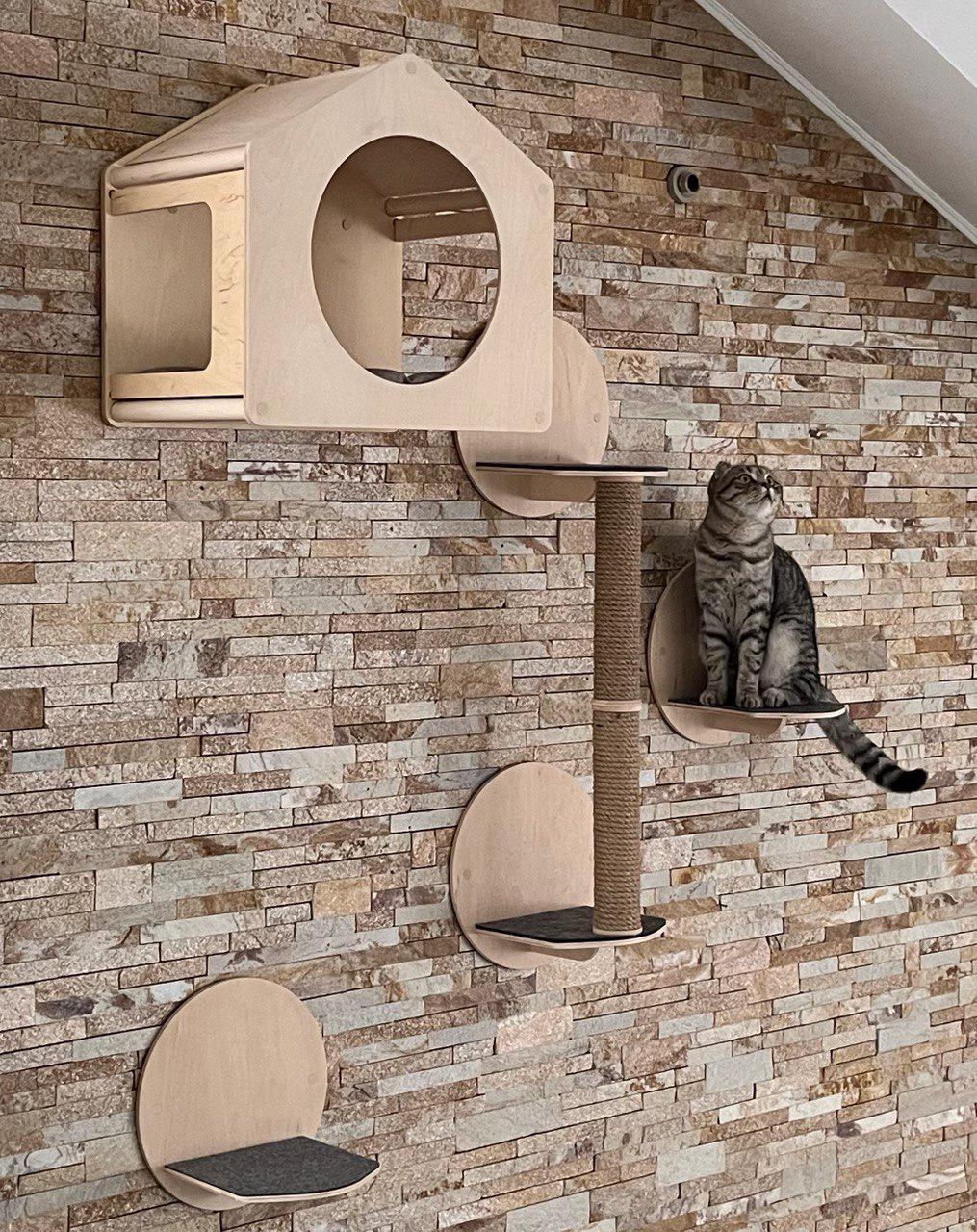 SET of 4 ITEMS for Cats, Wood Cat House, Cat Climbing Wall Shelf, Cat ...
