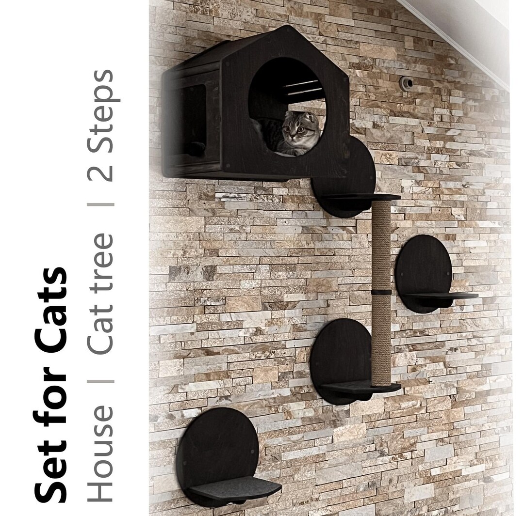 SET of 4 ITEMS for Cats, Wood Cat House, Cat Climbing Wall Shelf, Cat ...