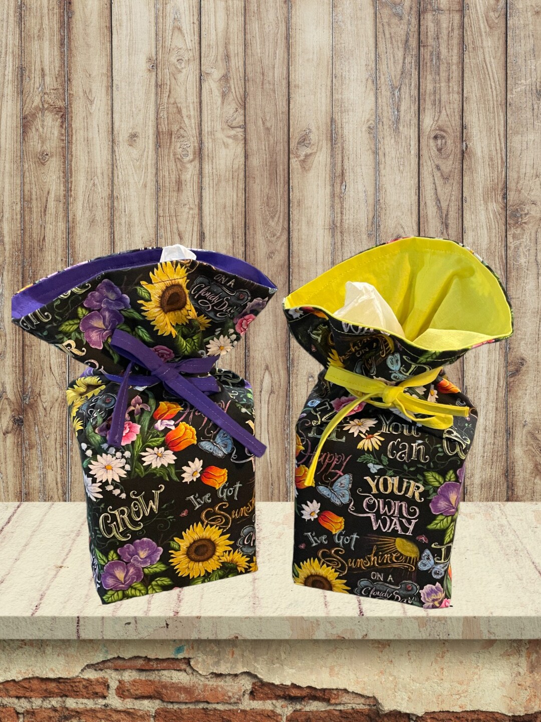 Tissue Box Cover, Flowers With Sayings Pattern, Purple Insert/yellow ...