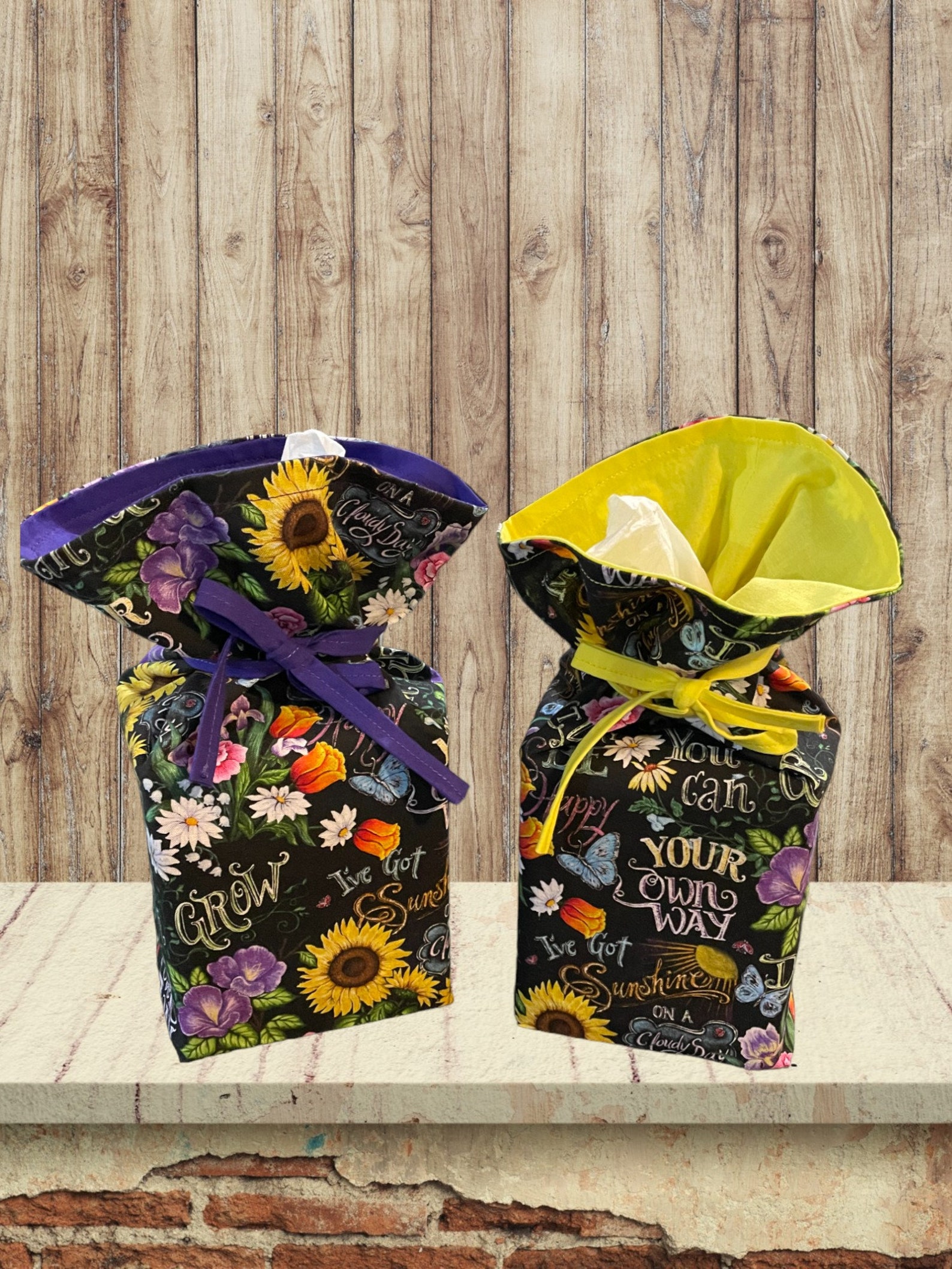 Tissue Box Cover, Flowers With Sayings Pattern, Purple Insert/yellow ...
