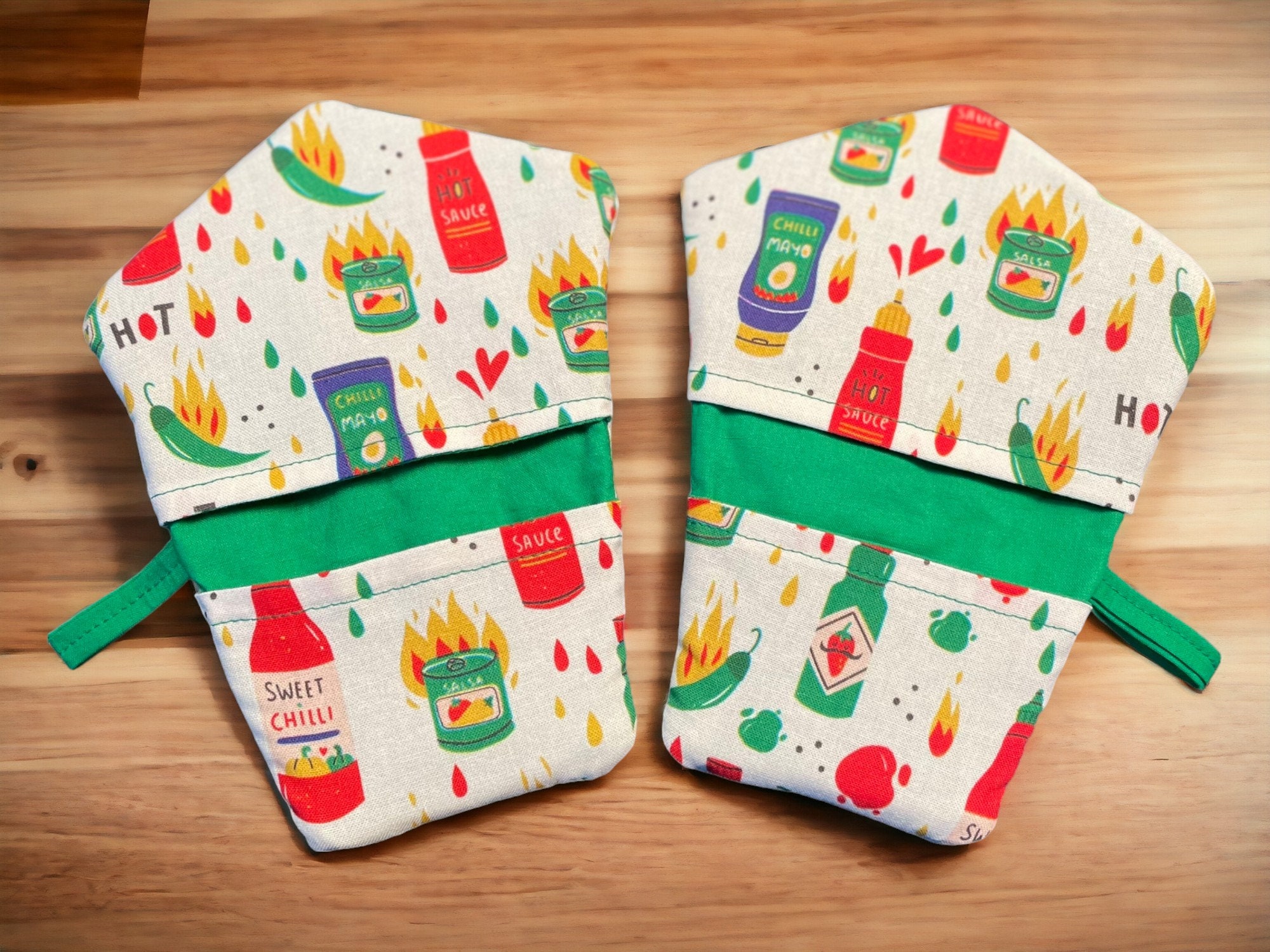 Finger Potholders, Hot Sauce, Spicy, Salsa Pattern, Green Accent Color ...