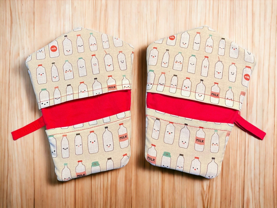 Finger Potholders, Whimsical Happy Milk Bottles Pattern, Red Accent ...