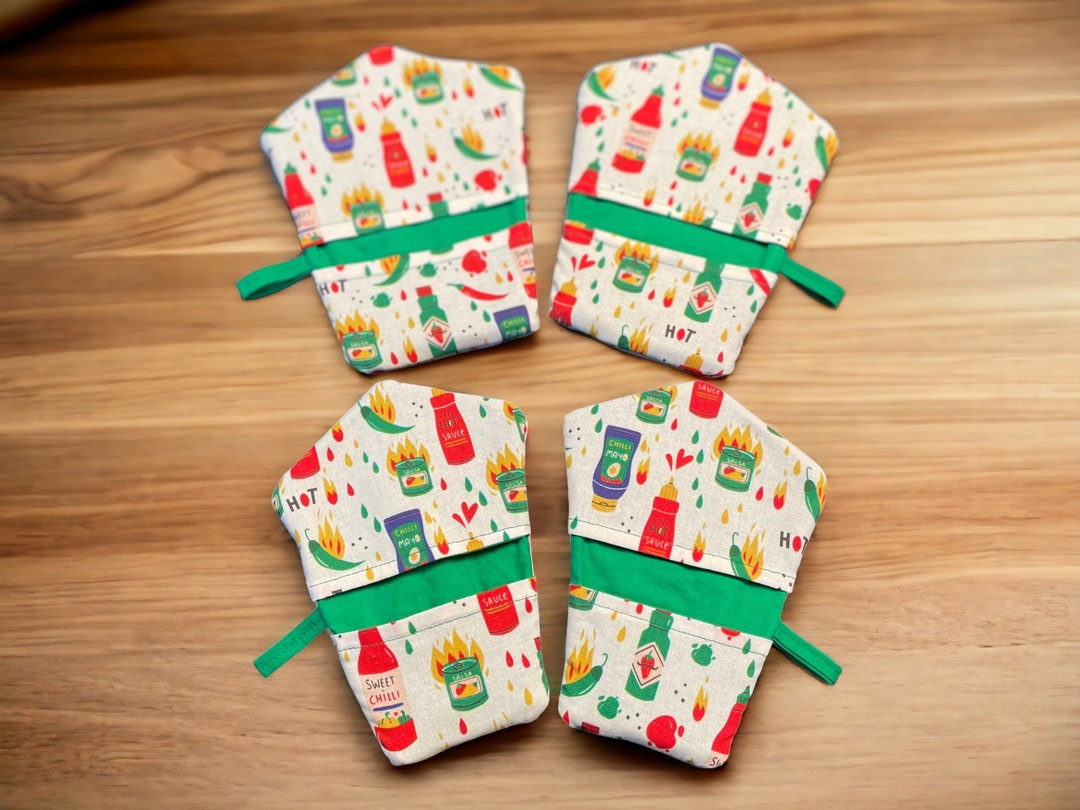 Finger Potholders, Hot Sauce, Spicy, Salsa Pattern, Green Accent Color ...